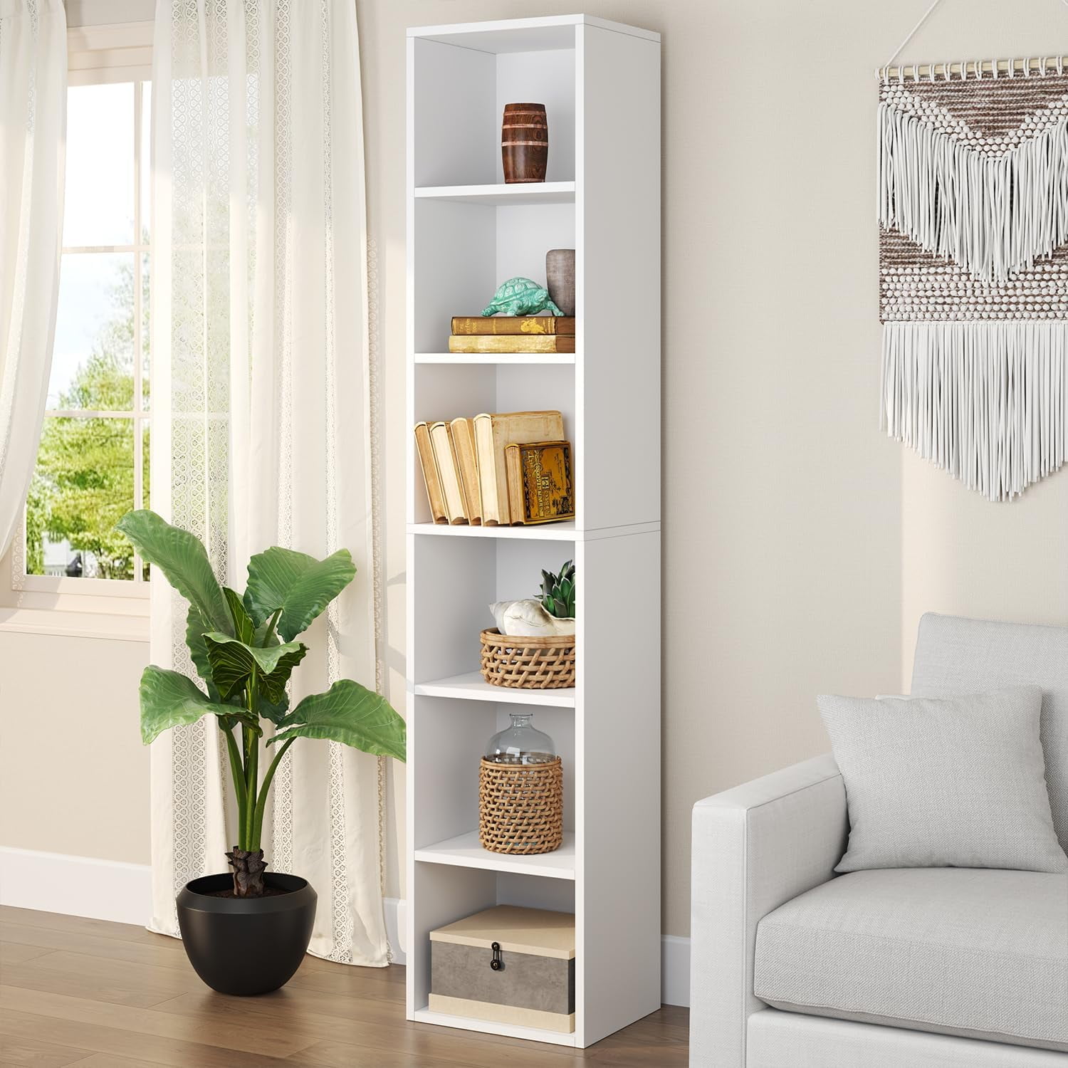 Tall Narrow Bookshelf, 6-Tier Cube Display Rack, Modern Corner ...