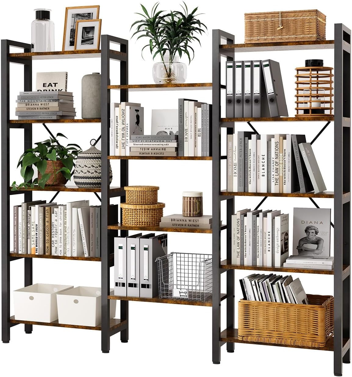 oneinmil Triple Wide 5-Shelves Corner Bookcase Industrial Vintage Wood ...