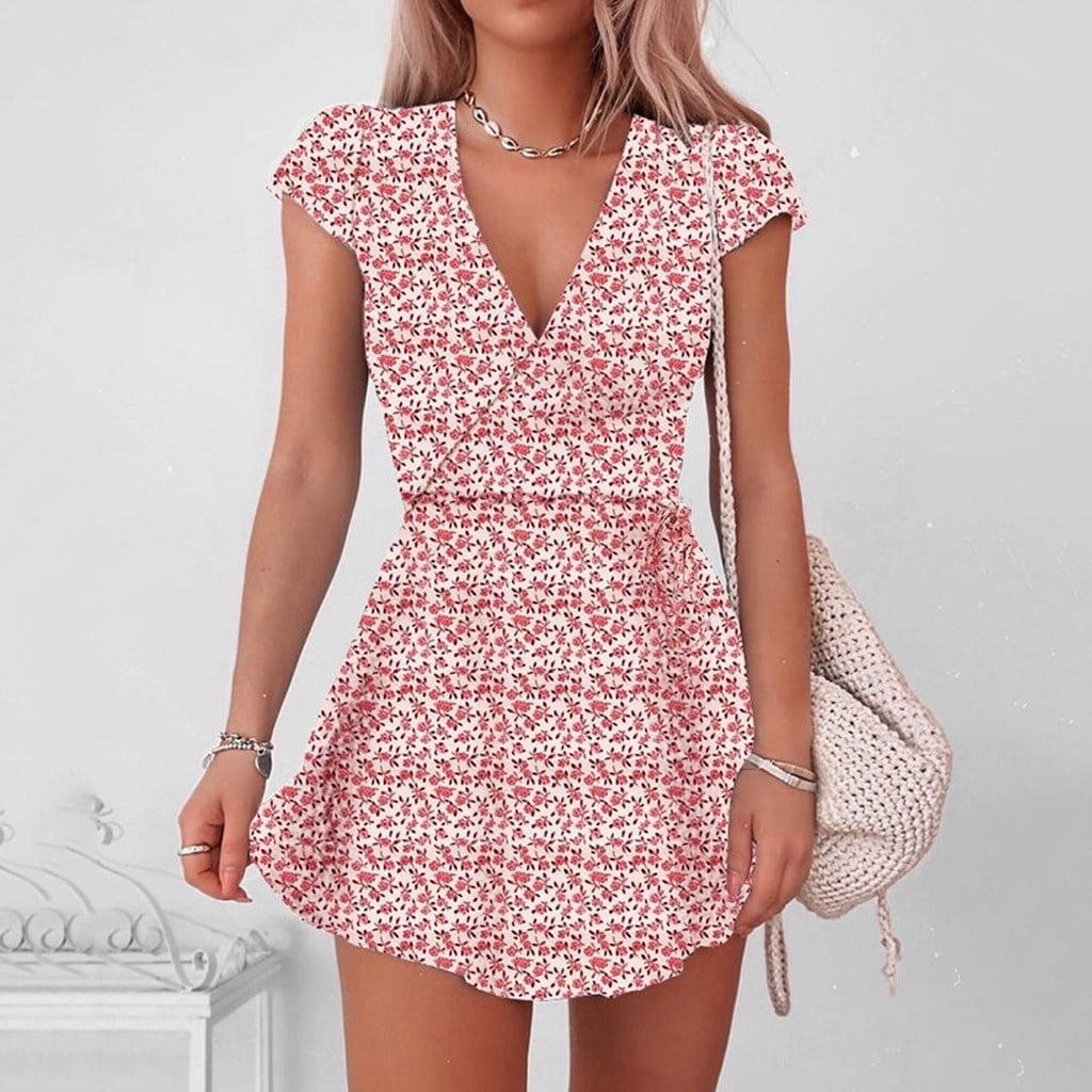 onlyliua Dresses for Women Fashion Floral Print V-Neck Mini Dress ...