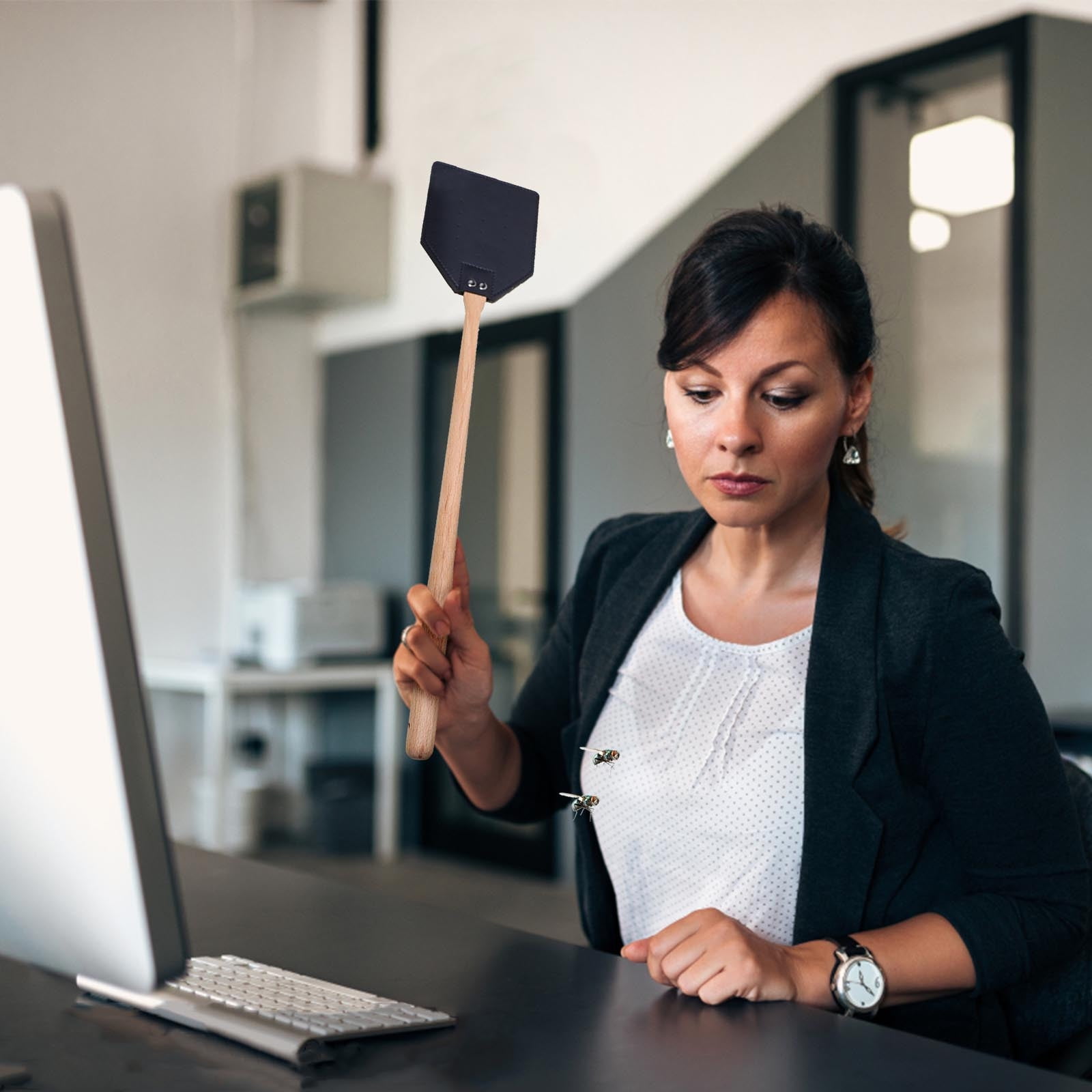 onlyliua Leather Fly Swatter, Long Handle Beech Manual Swatter ...