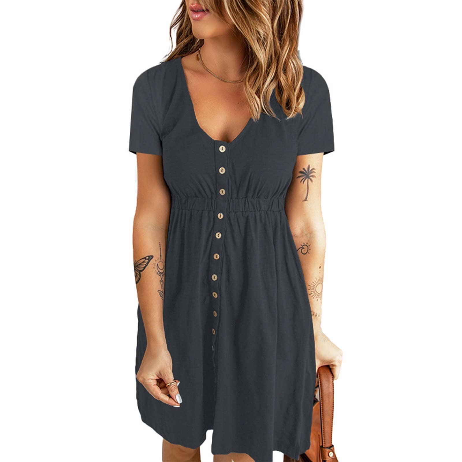 onlyliua Woman Dress Fashion Solid Color V-Neck Mid-Length Dress ...