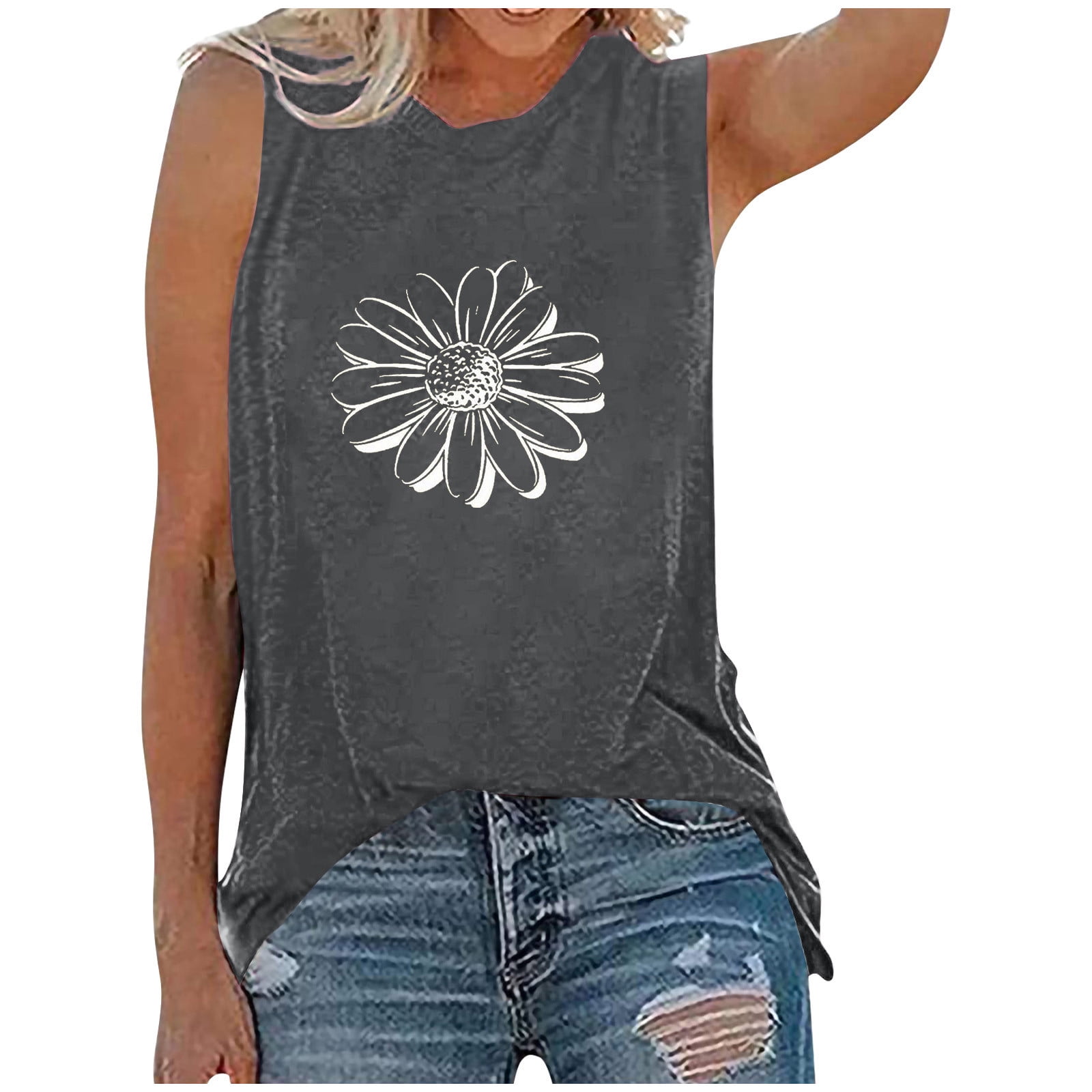 onlyliua Women Tank Tops Fashion Floral Print Crew Neck Tee Shirts ...