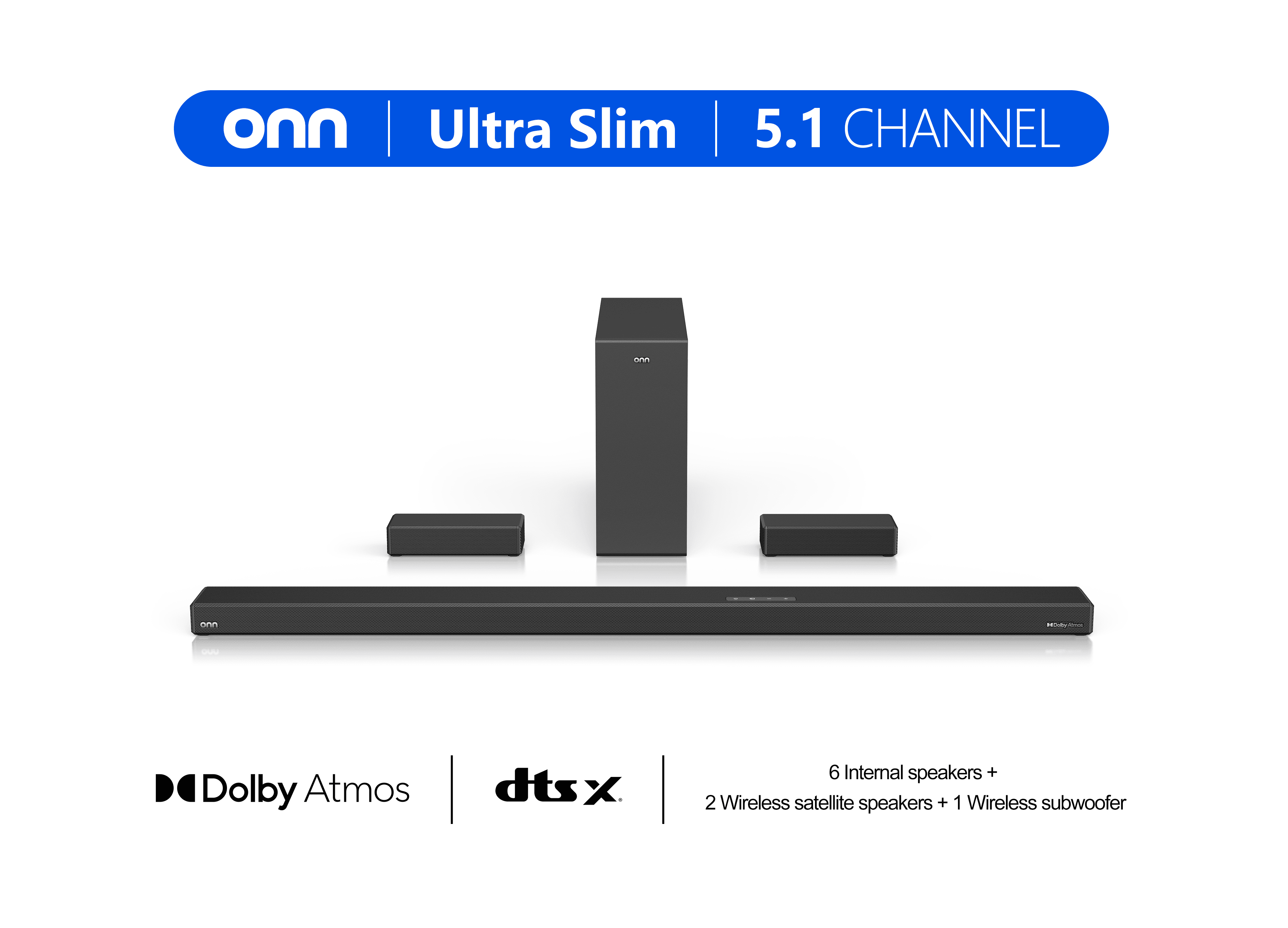 onn. 5.1 Ultra-Slim Surround Soundbar System with Dolby Atmos, Wireless ...
