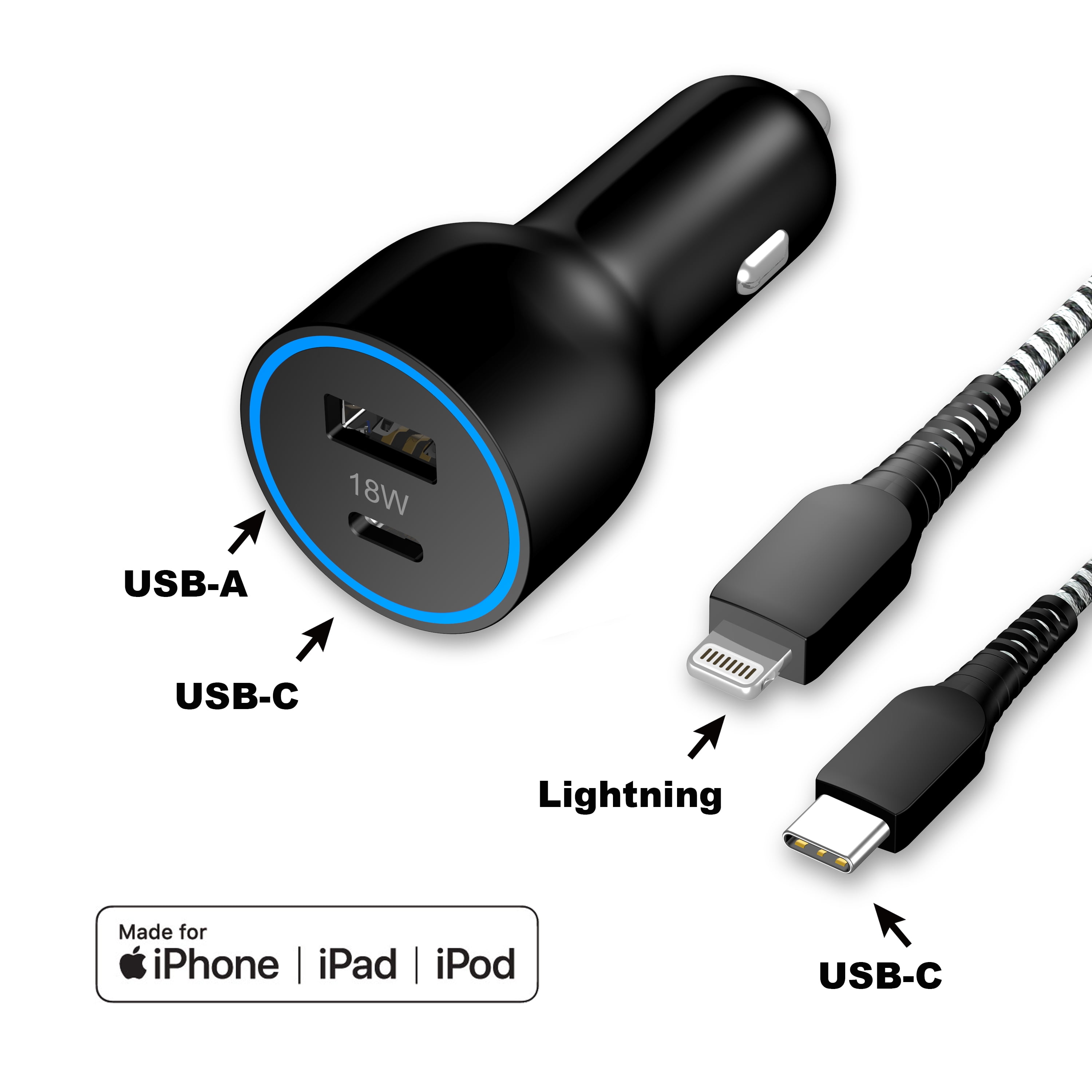 onn. Dual-Port Power Delivery Car Charging Kit with Lightning to USB-C ...
