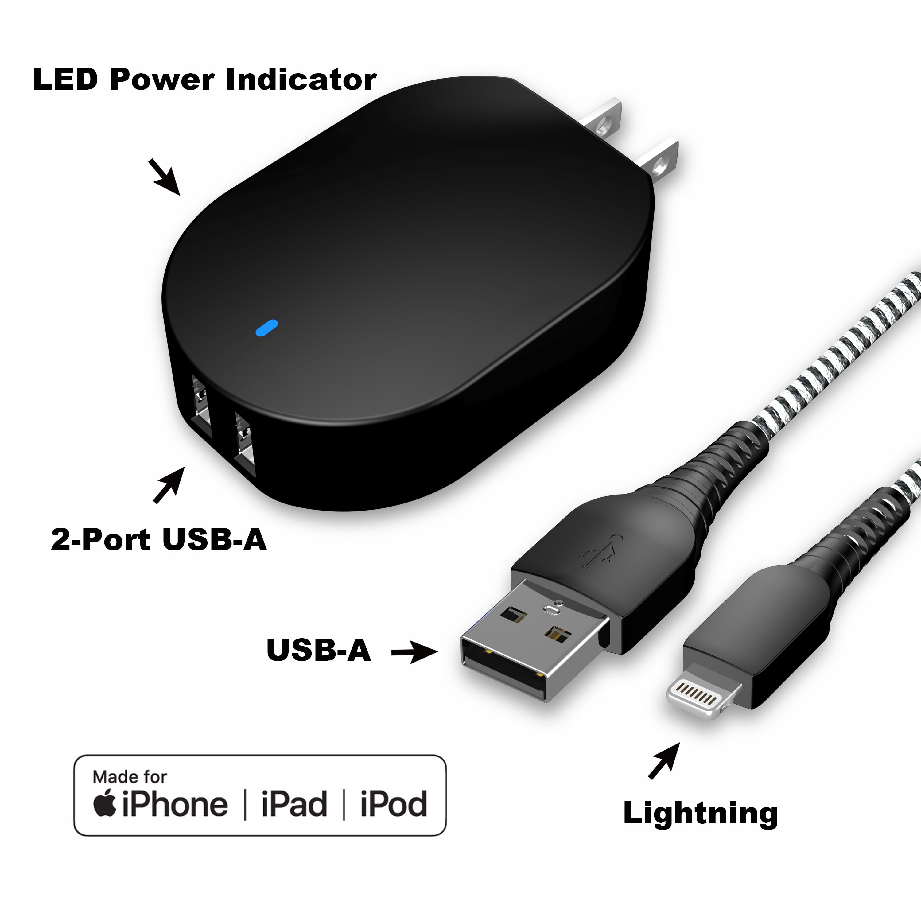onn. Dual-Port Wall Charging Kit with Lightning to USB Cable, Black ...