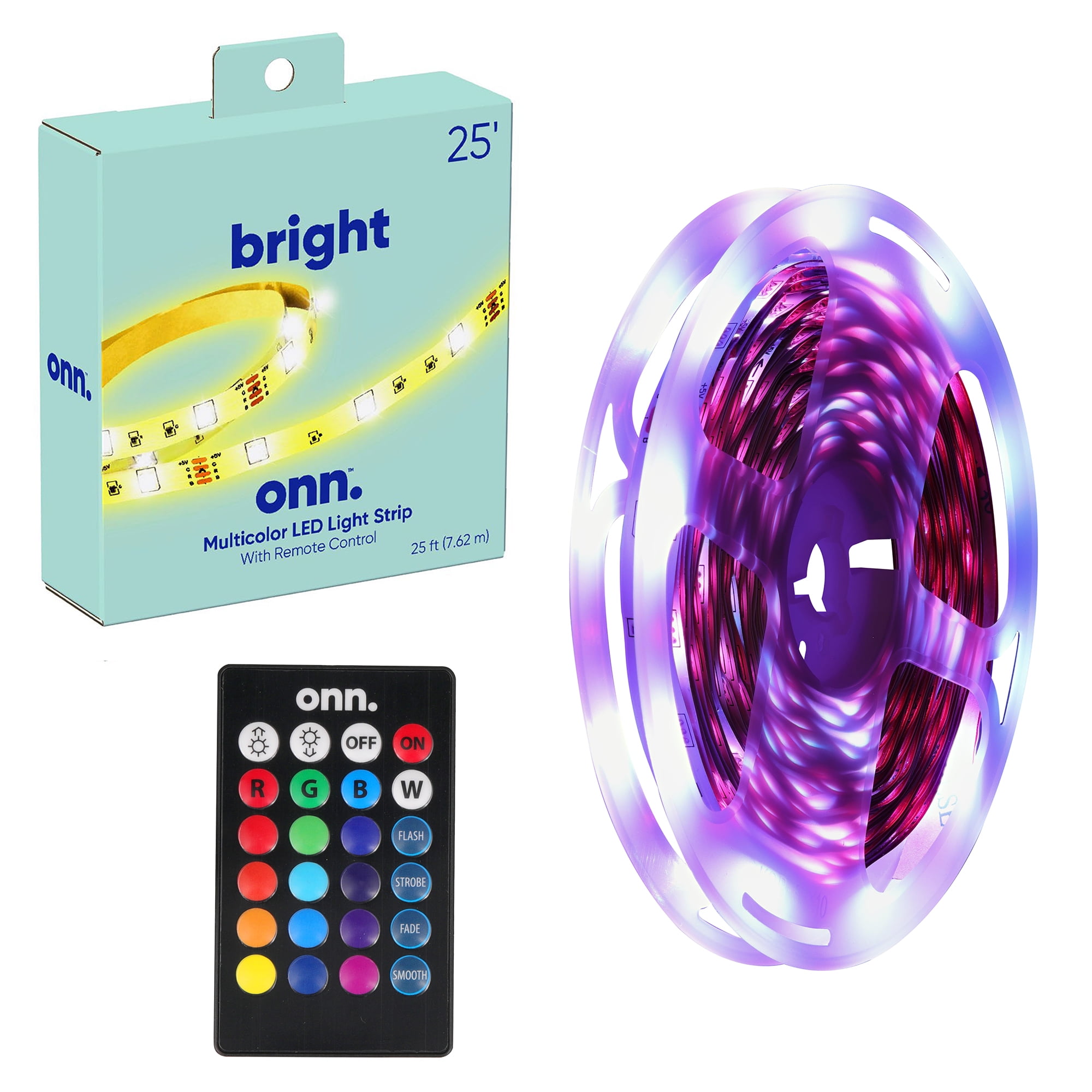 onn Multicolor LED Light Strip with Remote Control, 25' - Walmart.com