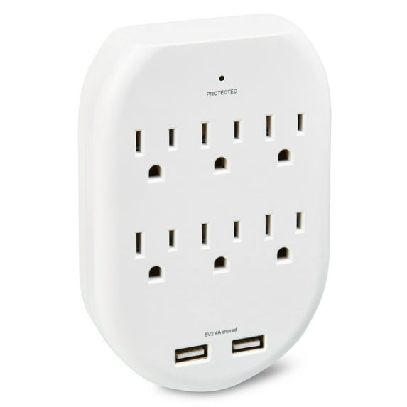 Onn+ Surge Protector Wall Tap with 6 AC Outlets and 2 USB Ports, 125V ...