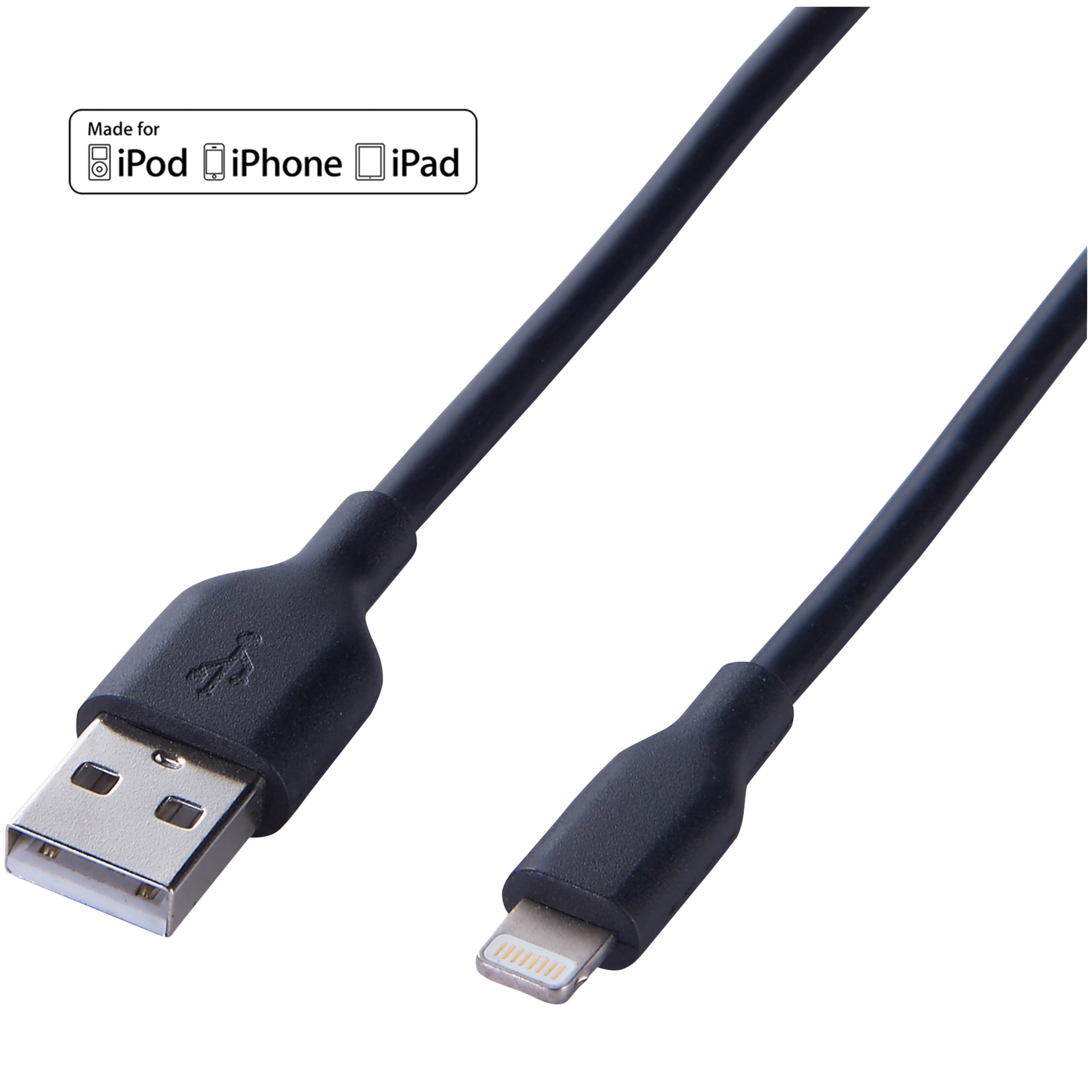 onn. Sync And Charge Cable With Lightning Connector, 3 Feet, Black ...