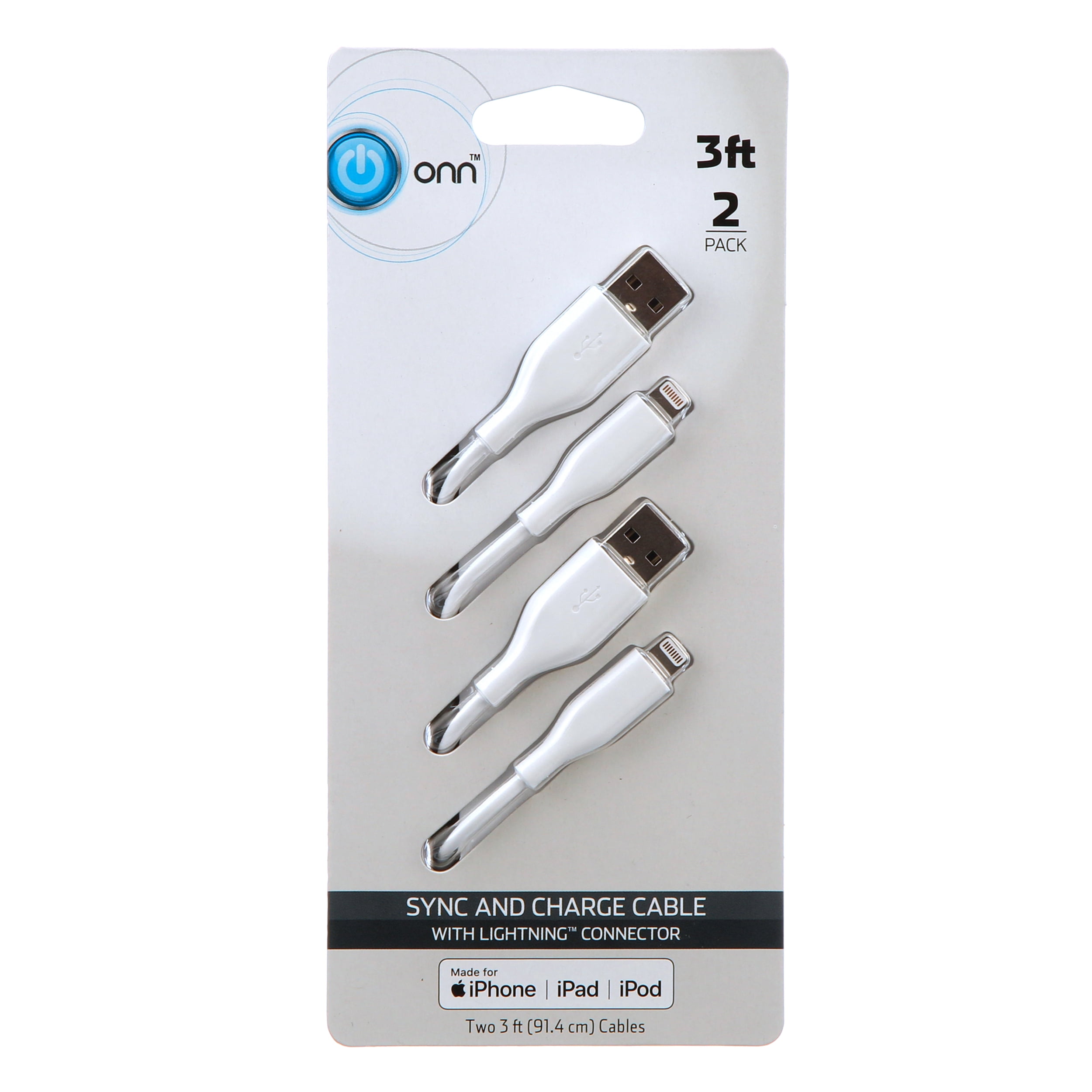 onn. Sync & Charge Cable with Lightning Connector 3', White 2 Pack ...