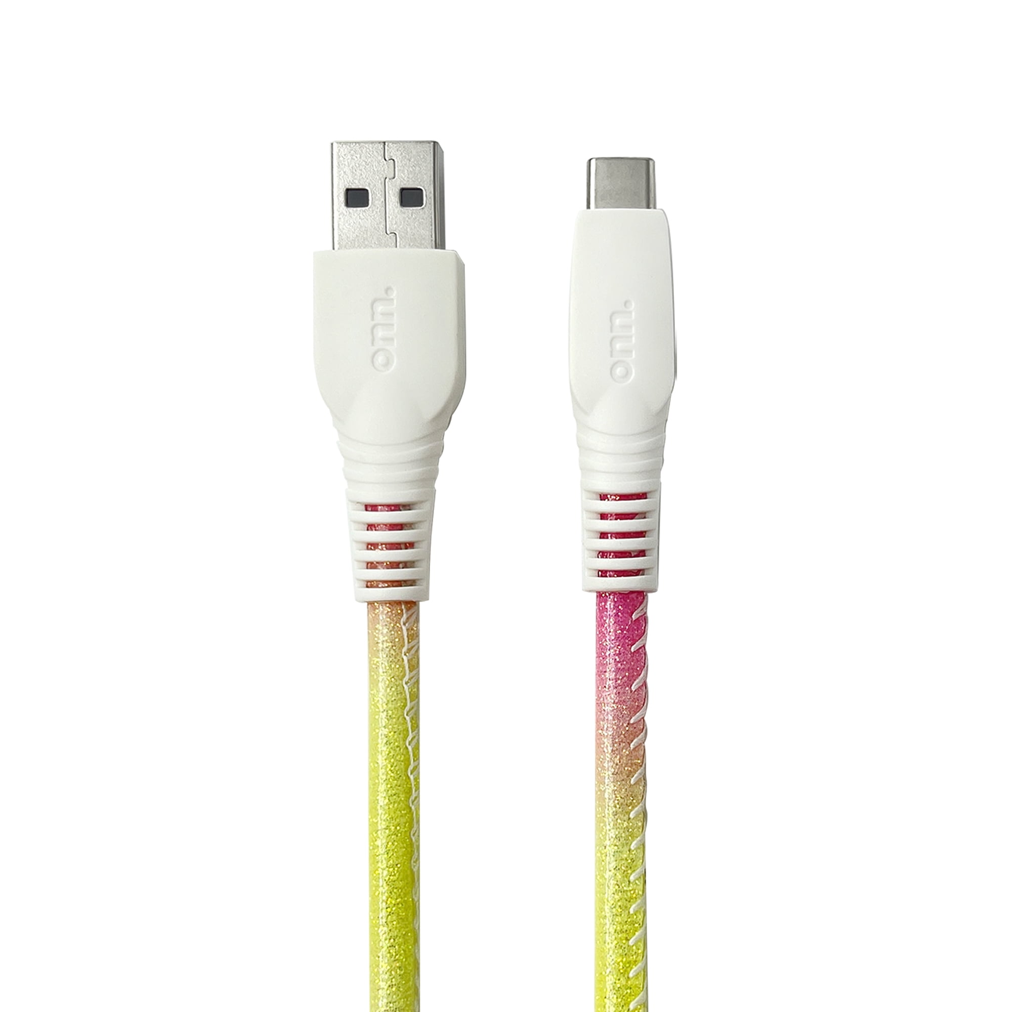 Brandclub - onn. USB to USB-C Glitter Cable, 6' Cord, Yellow & Pink