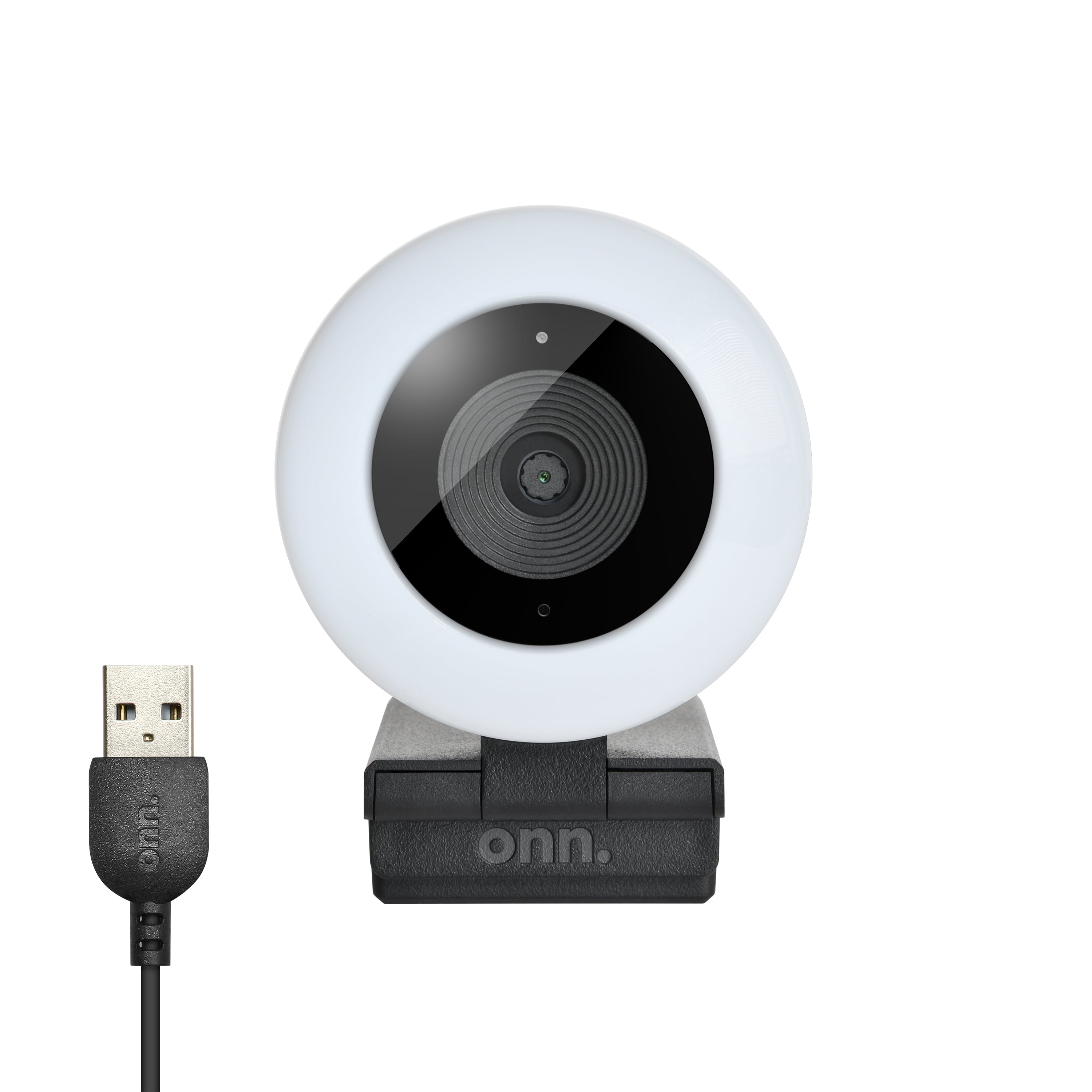 onn. Webcam with Ring Light w/3 LED Levels, Autofocus, Built-in Microphone, White & Black ...