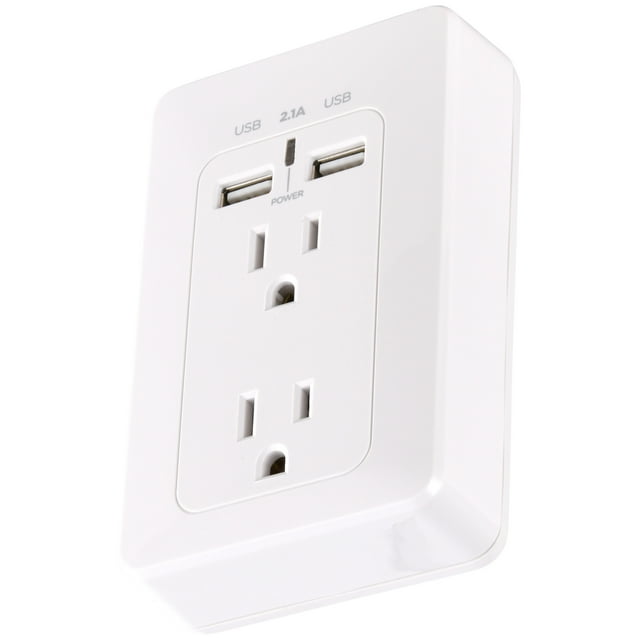 onn. White Wall Mount Power Adapter with 2 Outlets and 2 USB Ports ...