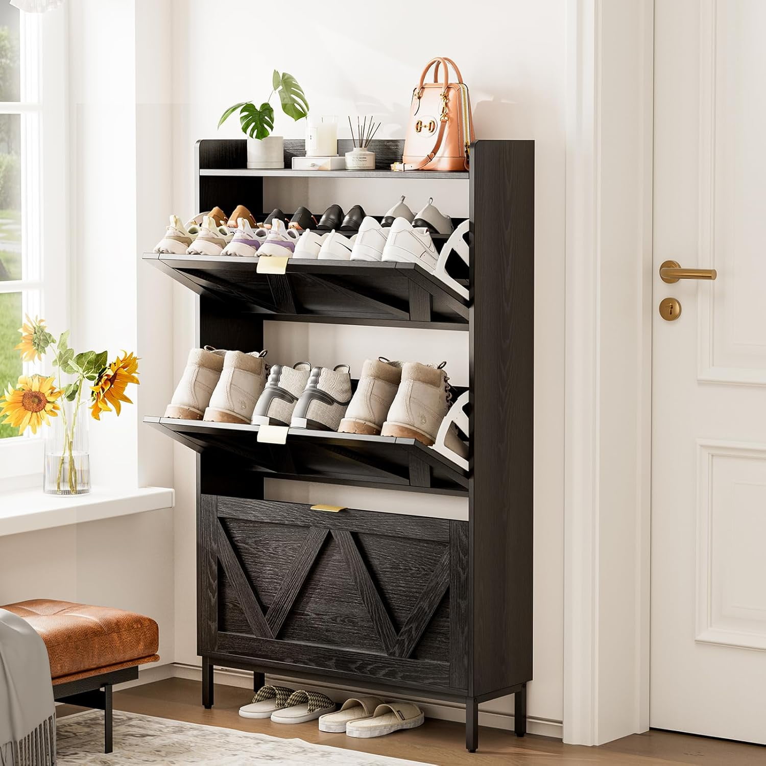 ophjkbn Large-Shoe Storage Cabinet for Entryway-Slim Solid Wooden Shoes ...