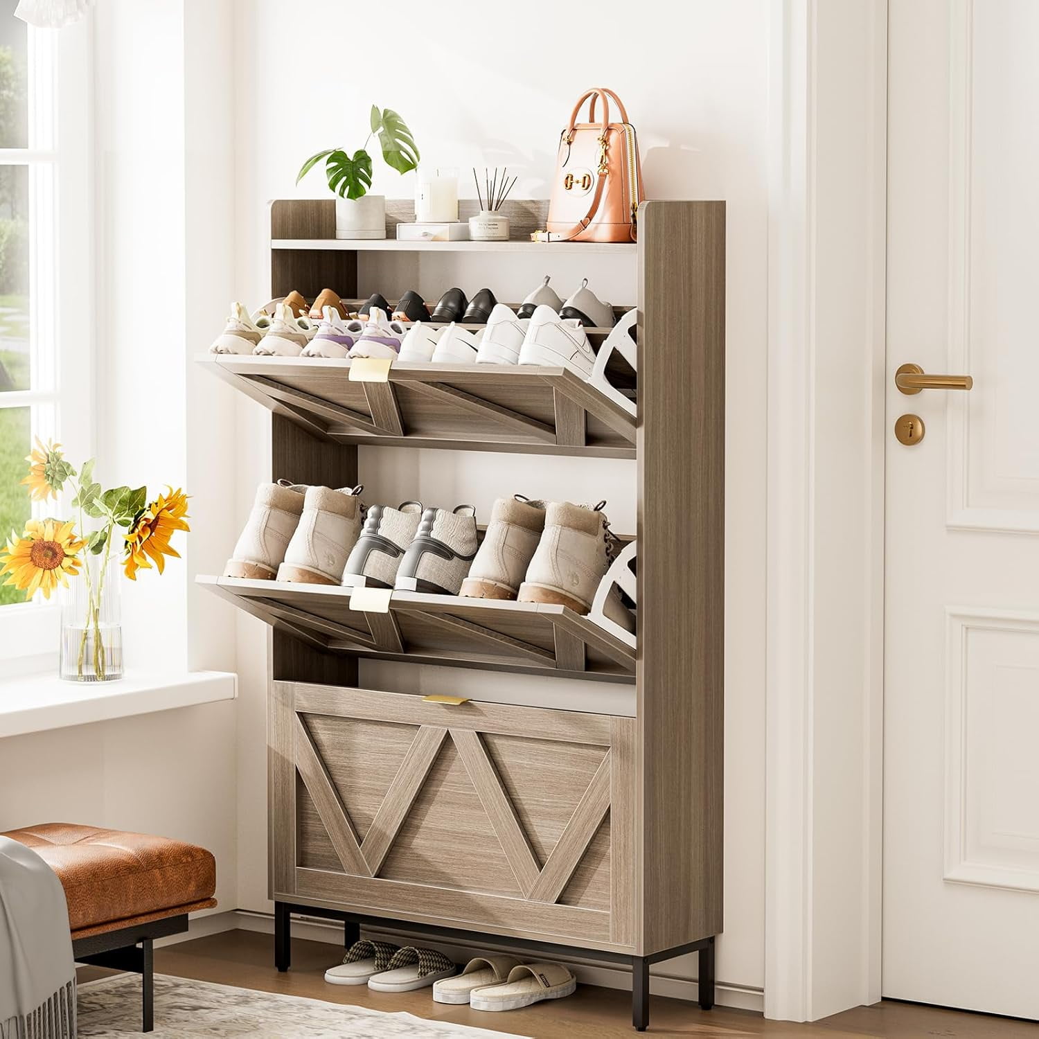 ophjkbn Large-Shoe Storage Cabinet for Entryway-Slim Solid Wooden Shoes ...