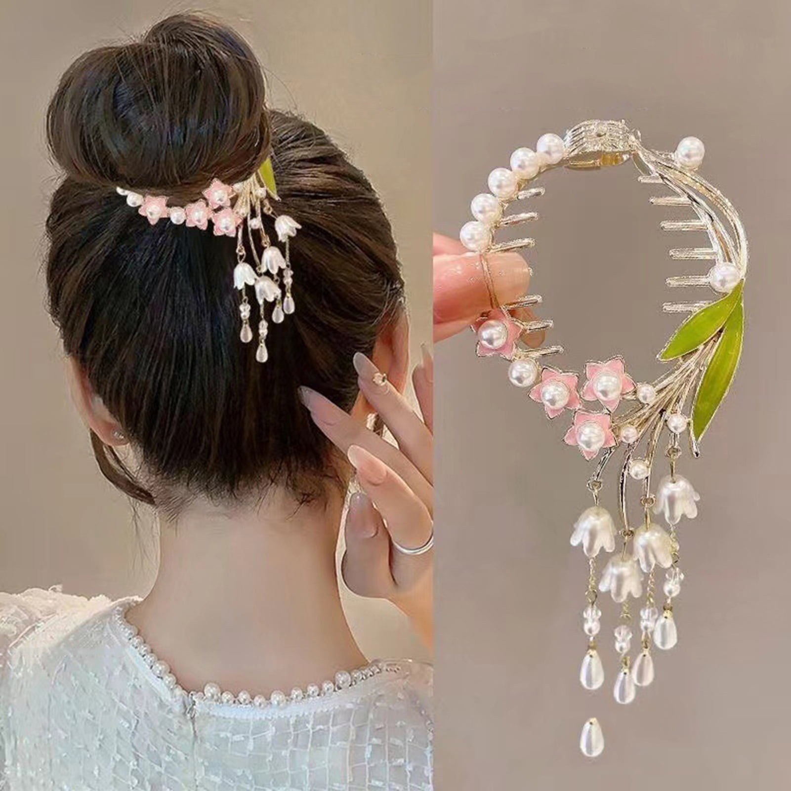 opolski Lady Ponytail Claw Shiny Rhinestone Faux Pearl Long Tassel ...