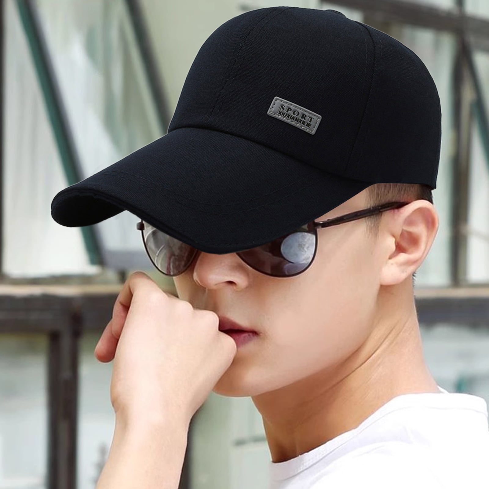 opolski Men Baseball Hat Long Hard Brim Solid Color Sunscreen Anti-UV Adjustable Ponytail Hole ...