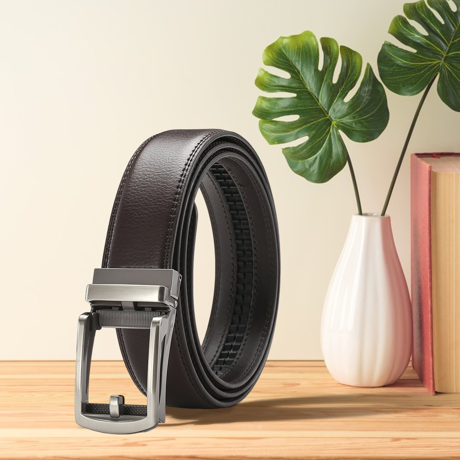 opolski Men Faux Leather Belt Micro Automatic Buckle Ratchet Track Belt ...