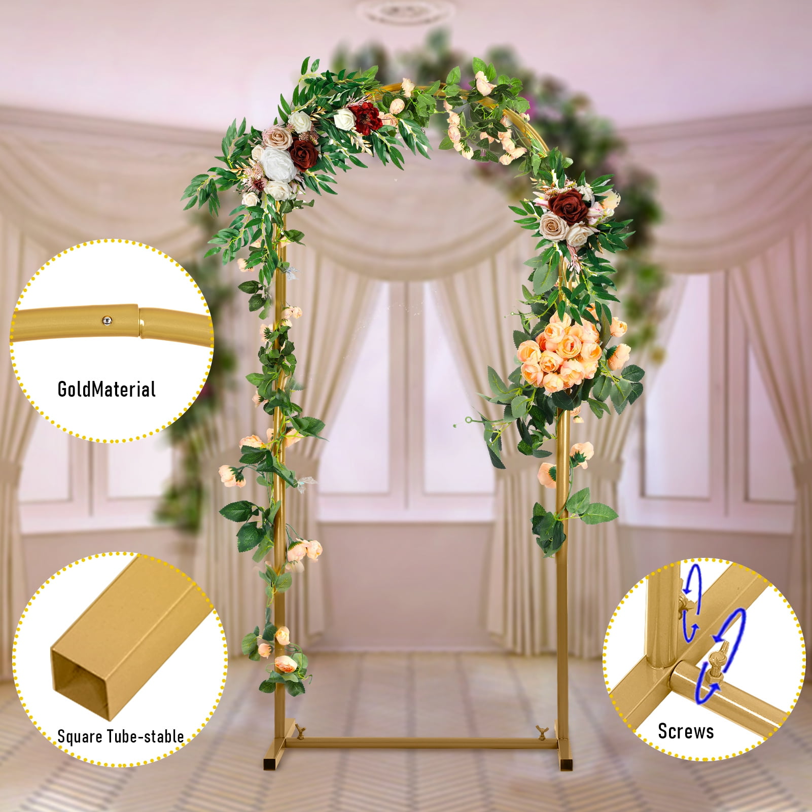 opvise Arch Backdrop Stand, 6FT, 6.6FT, 7.2FT Set of 3 Golden Metal ...