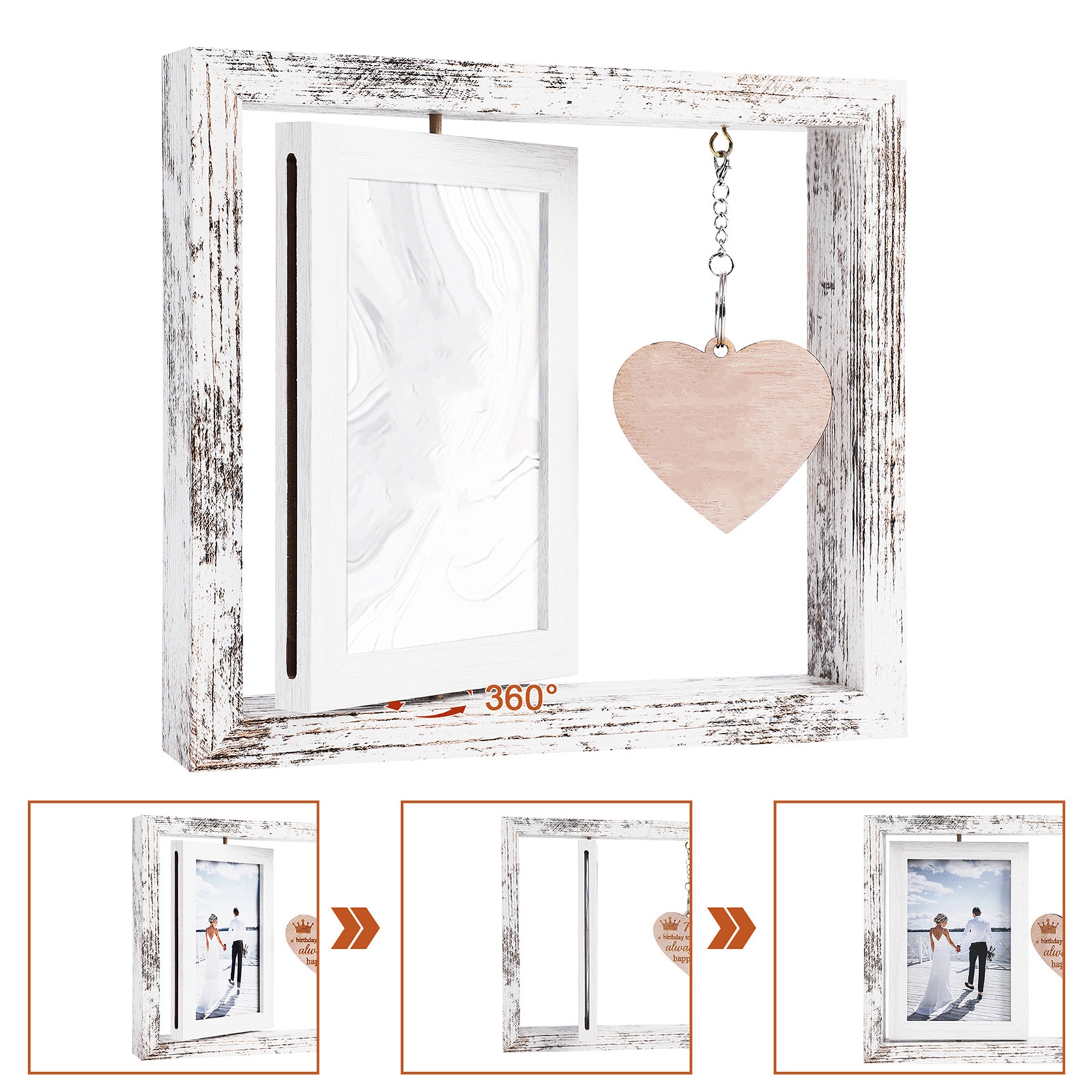 opvise Double-Sided Photo Frame with Heart Pendant Smooth Edge Burr ...