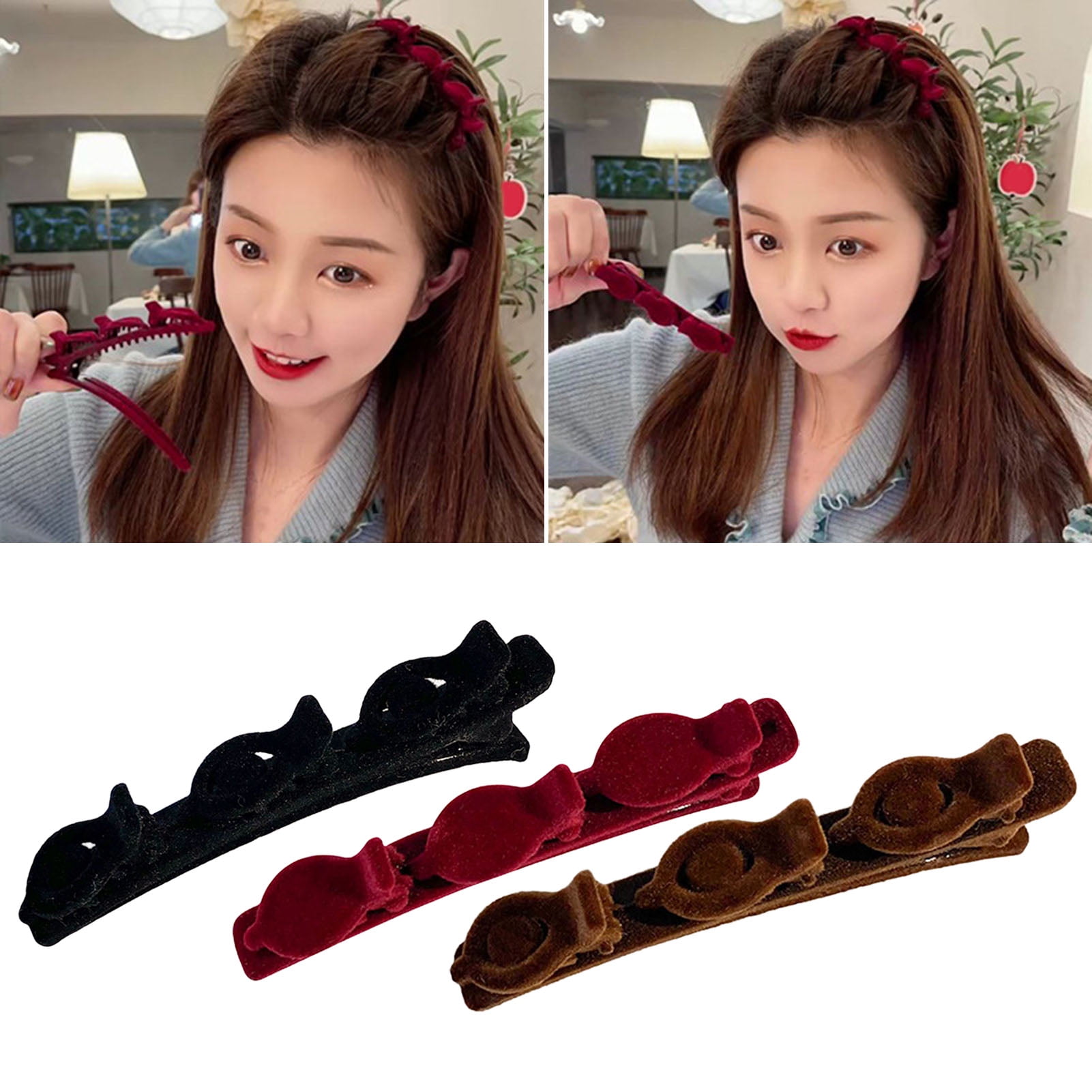 opvise Korean Style Elegant Simple Side Bang Clip Flocking Double Layer ...
