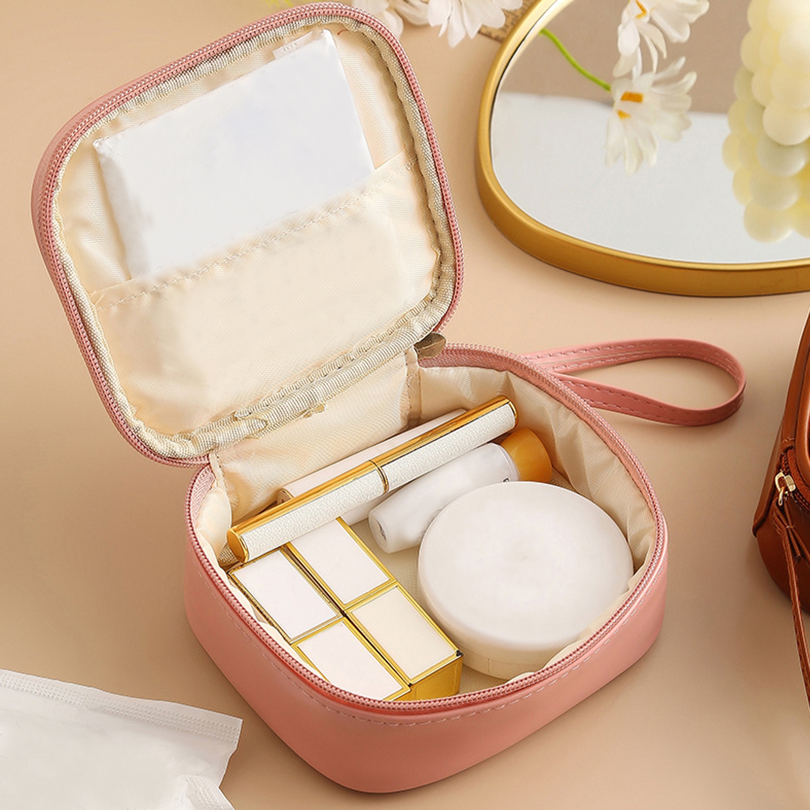 opvise Sanitary Napkin Storage Bag Fake Leather Zippered Makeup Pouch ...