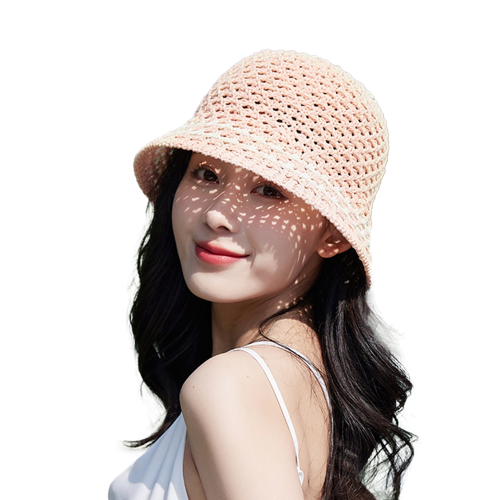 opvise Women Beach Hat Knitted Hollow Out Patchwork Stripes Crochet ...