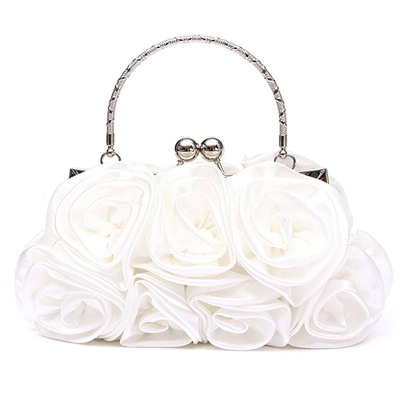 opvise Women Rose Flower Pattern Faux Silk Handbag Bridal Clutch Bag ...