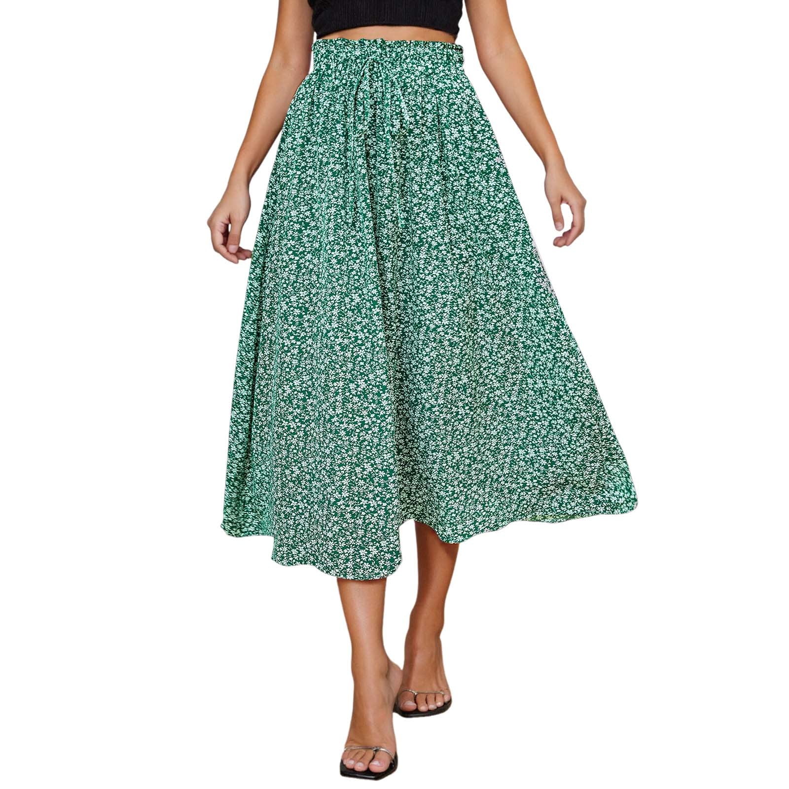 oqasdz Floral Prints Midi Skirt Boho Flowy Elastic High Waist A Line ...