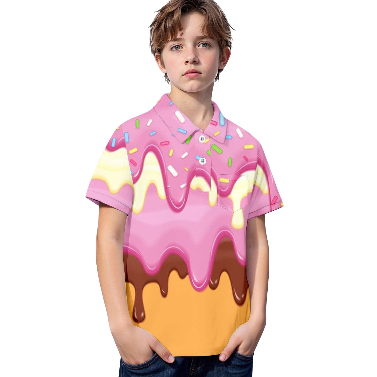 oqasdz Girls Boys Polo Shirts Ice Cream Print Lapel Loose Fit Tops ...