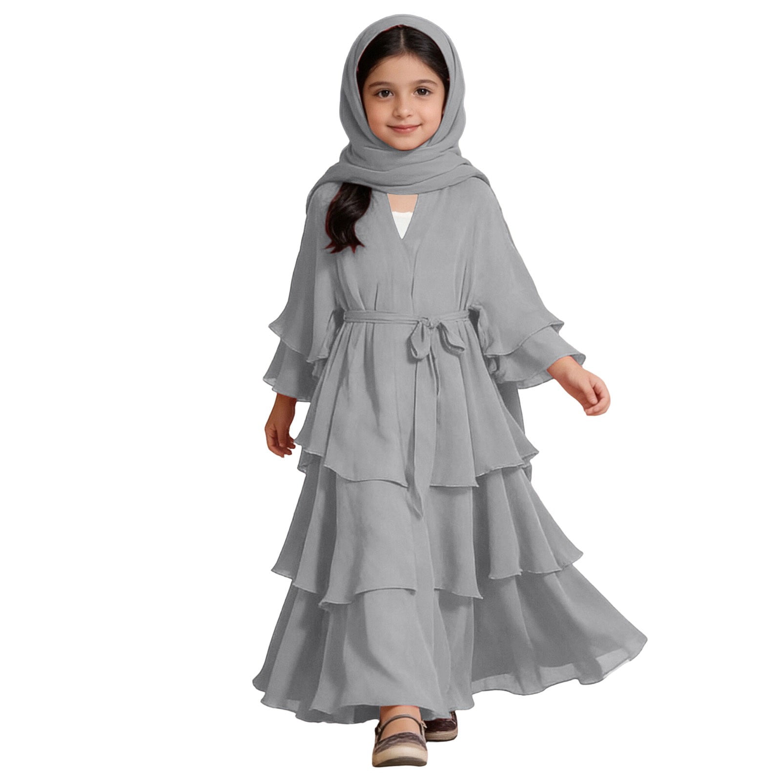 oqasdz Girls Dresses Elegant Solid Three Layer Chiffon with Waistband ...