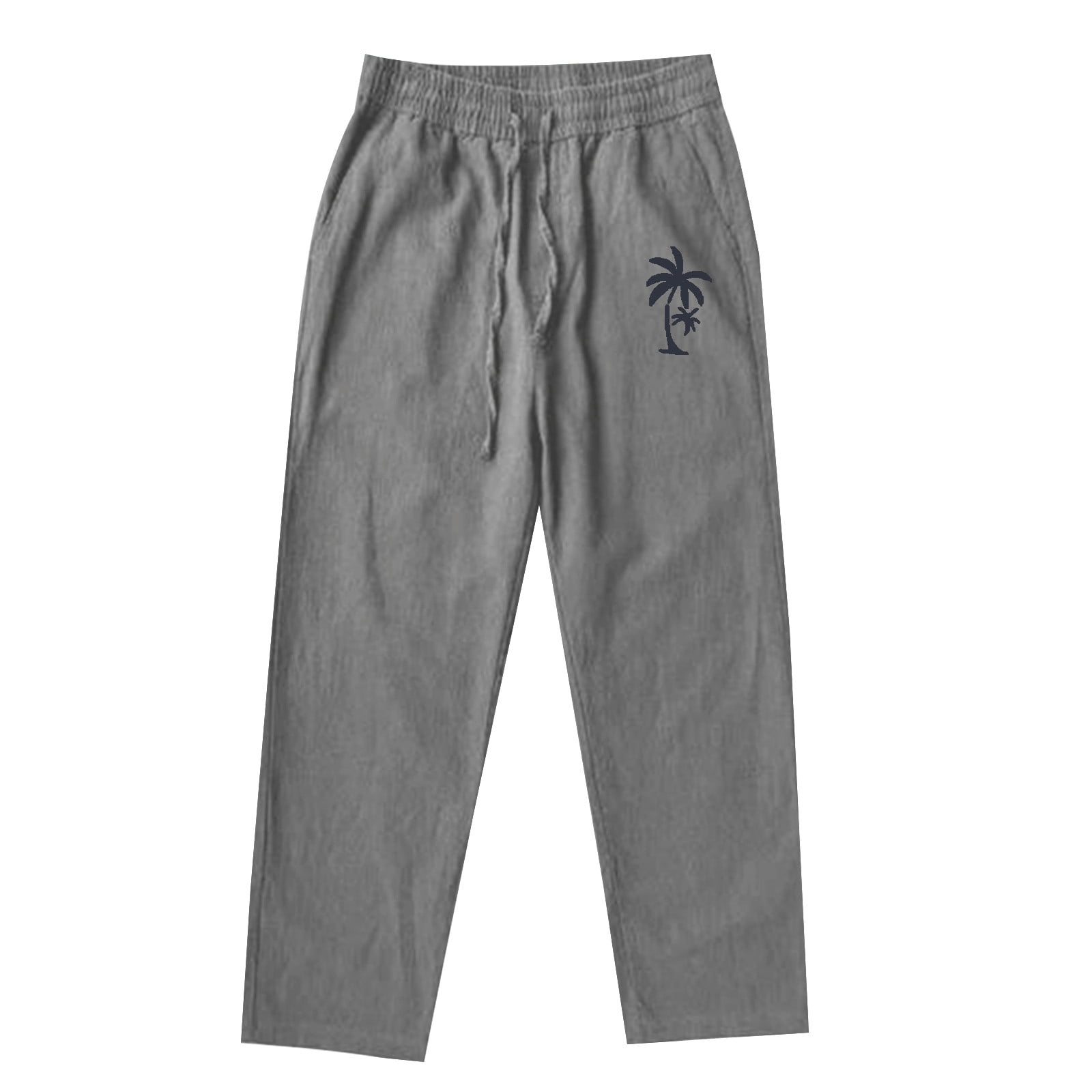 oqasdz Mens Pants Elastic Waist Coconut Tree Print Linen Straight Leg ...