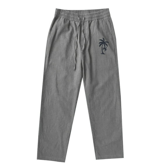 oqasdz Mens Pants Elastic Waist Coconut Tree Print Linen Straight Leg ...