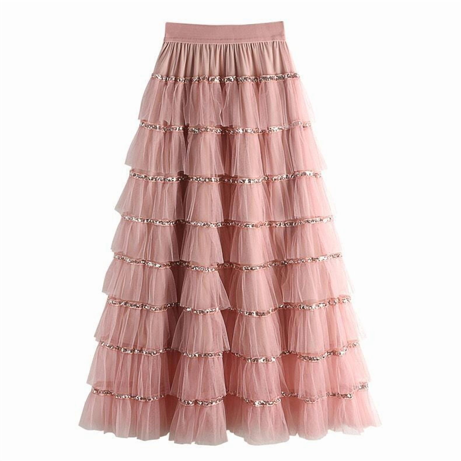 oqasdz Sequin Mesh Patchwork Layered Skirts for Women High Waist ...