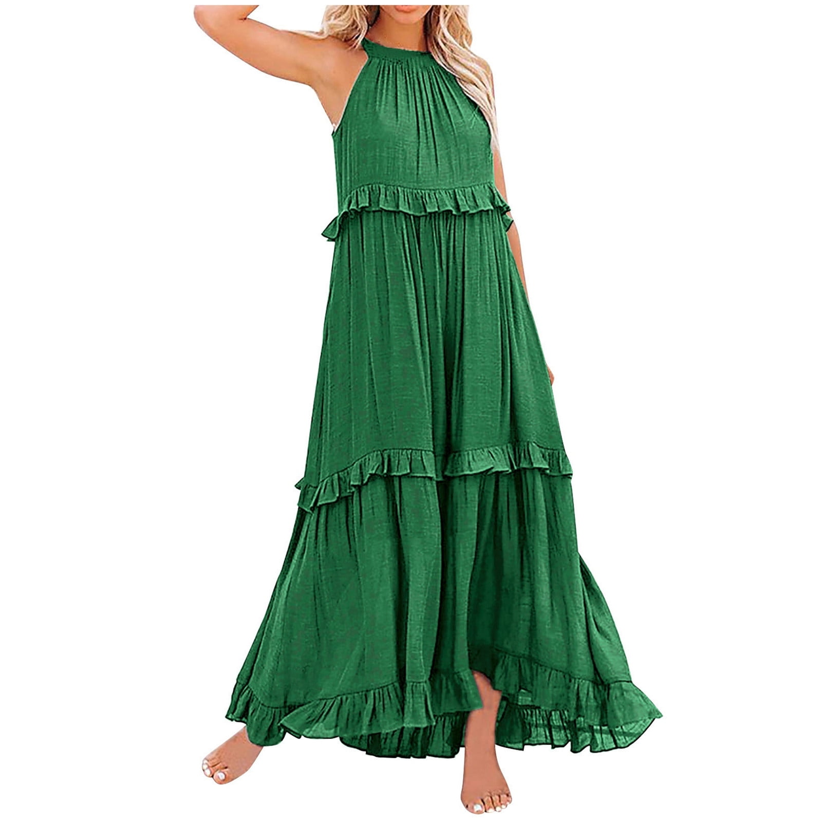 oqasdz Solid Color Long Summer Dresses For Women 2025 Halter Neck ...