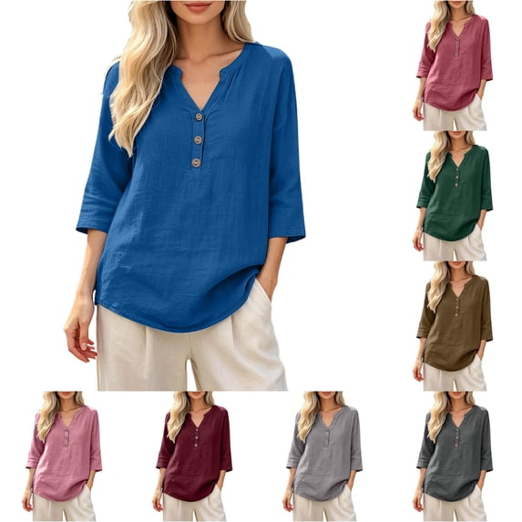 oqasdz T Shirts for Women Short Sleeve V Neck Button Front Solid Color ...