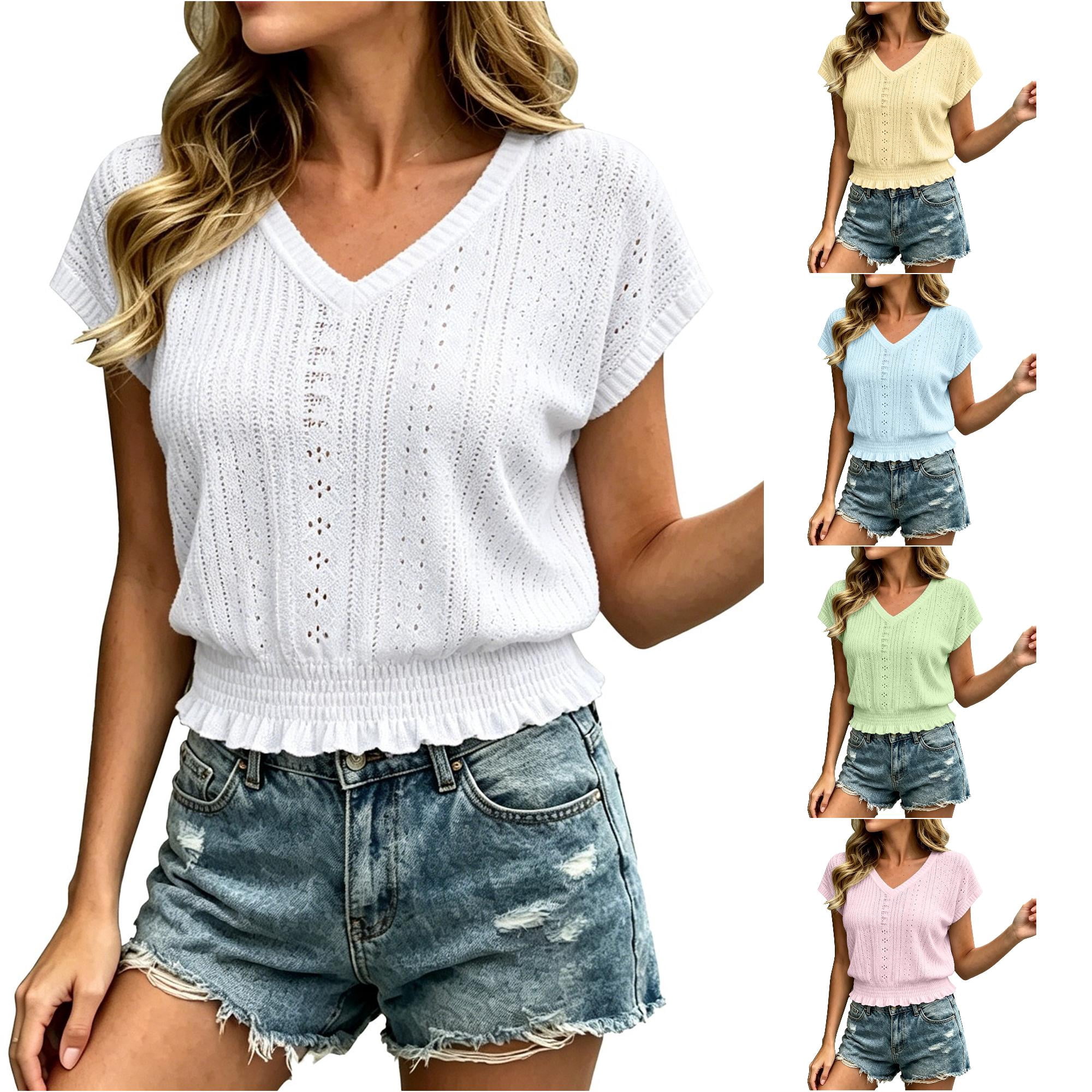 oqasdz T Shirts for Women V Neck Knit Short Sleeve Ruffle Hem Hollow ...