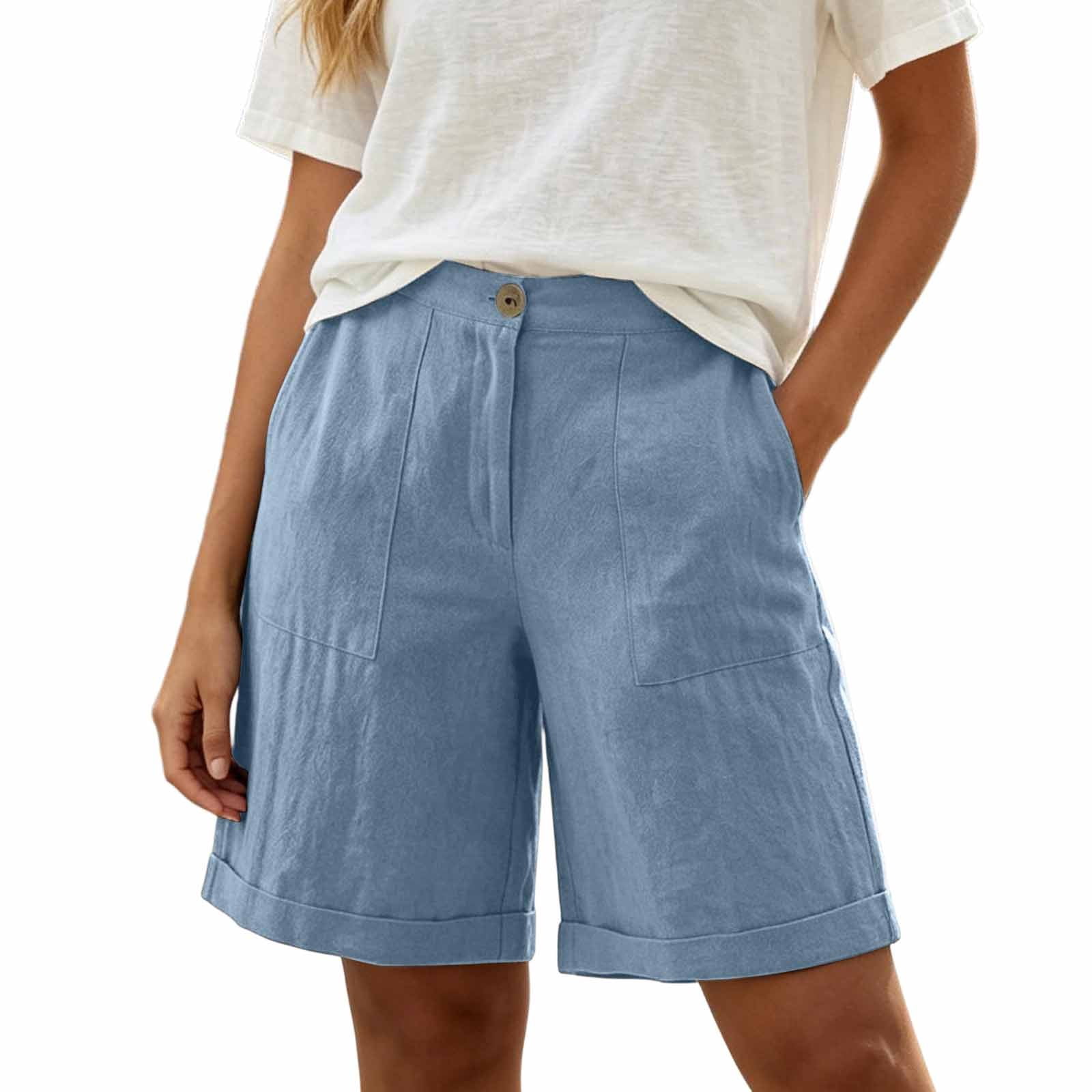 oqasdz Women's Linen Shorts Button Closure Straight Leg Solid Color ...