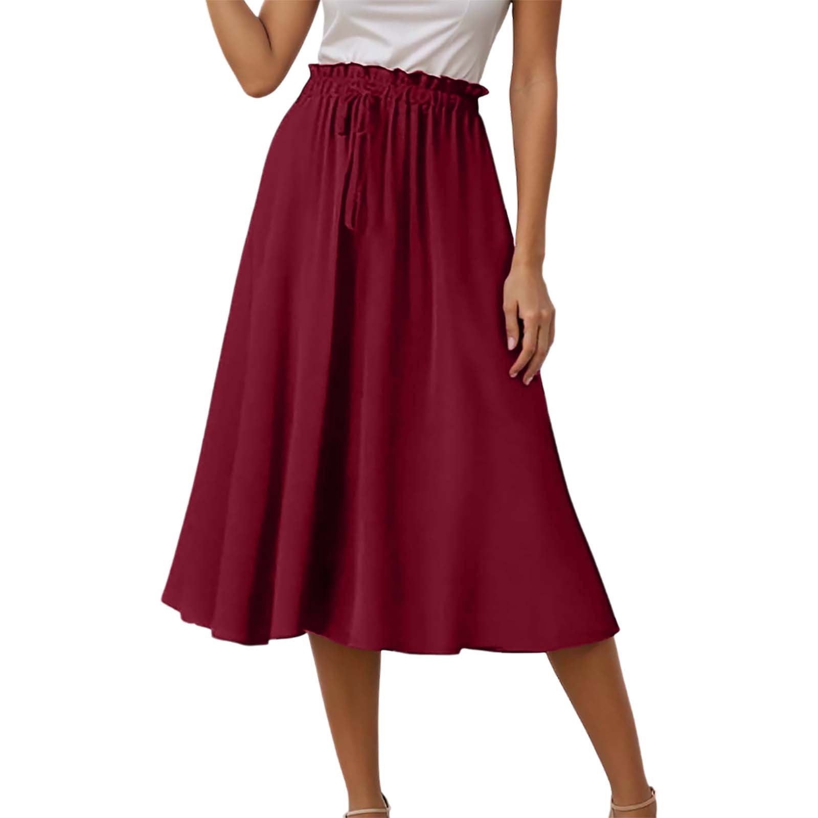 oqasdz Womens Solid Color High Waisted Summer Midi Skirts Flowy Palazzo ...