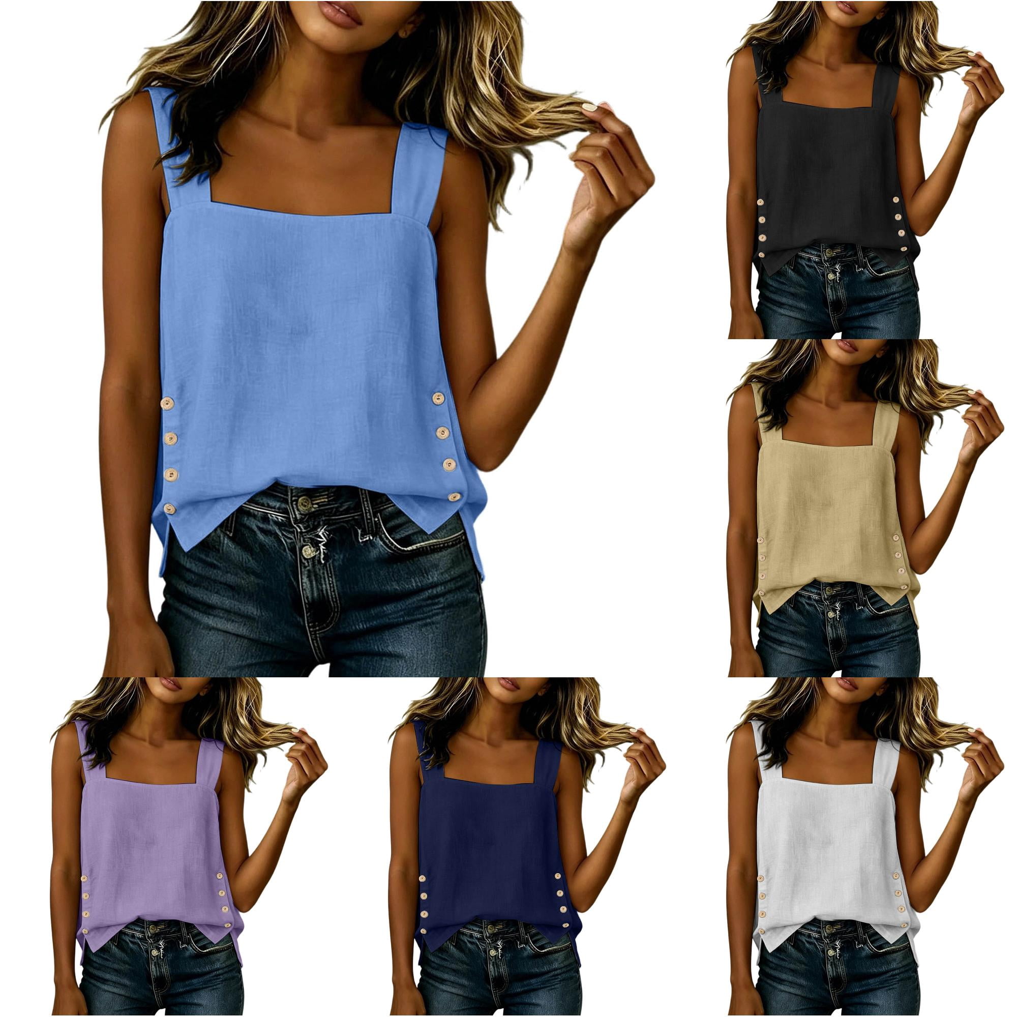 oqasdz Womens Tank Tops Solid Color Square Neck Sleeveless Button Side ...