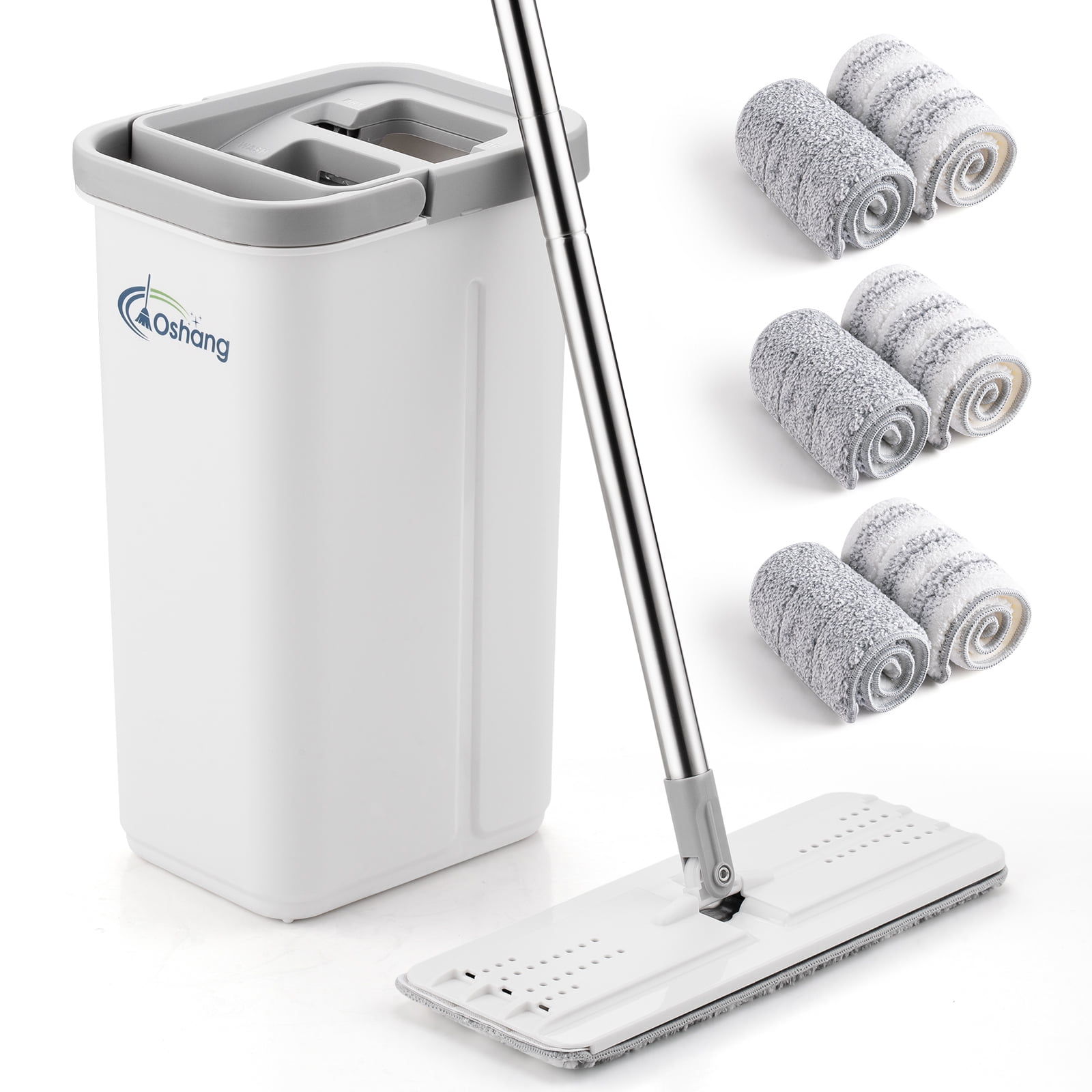 Oshang Self-Wringing Flat Mop and Bucket Set, Stainless-Steel Handle, 6 ...