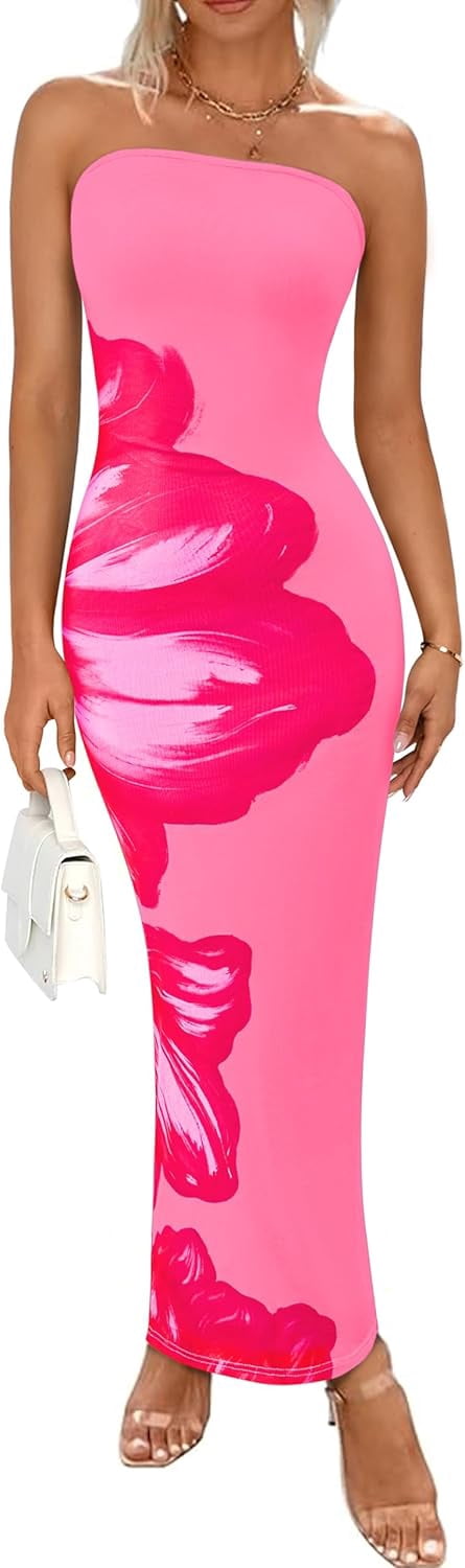 otnbgsr Women Summer Strapless Maxi Dress Bodycon Floral Sexy Long ...