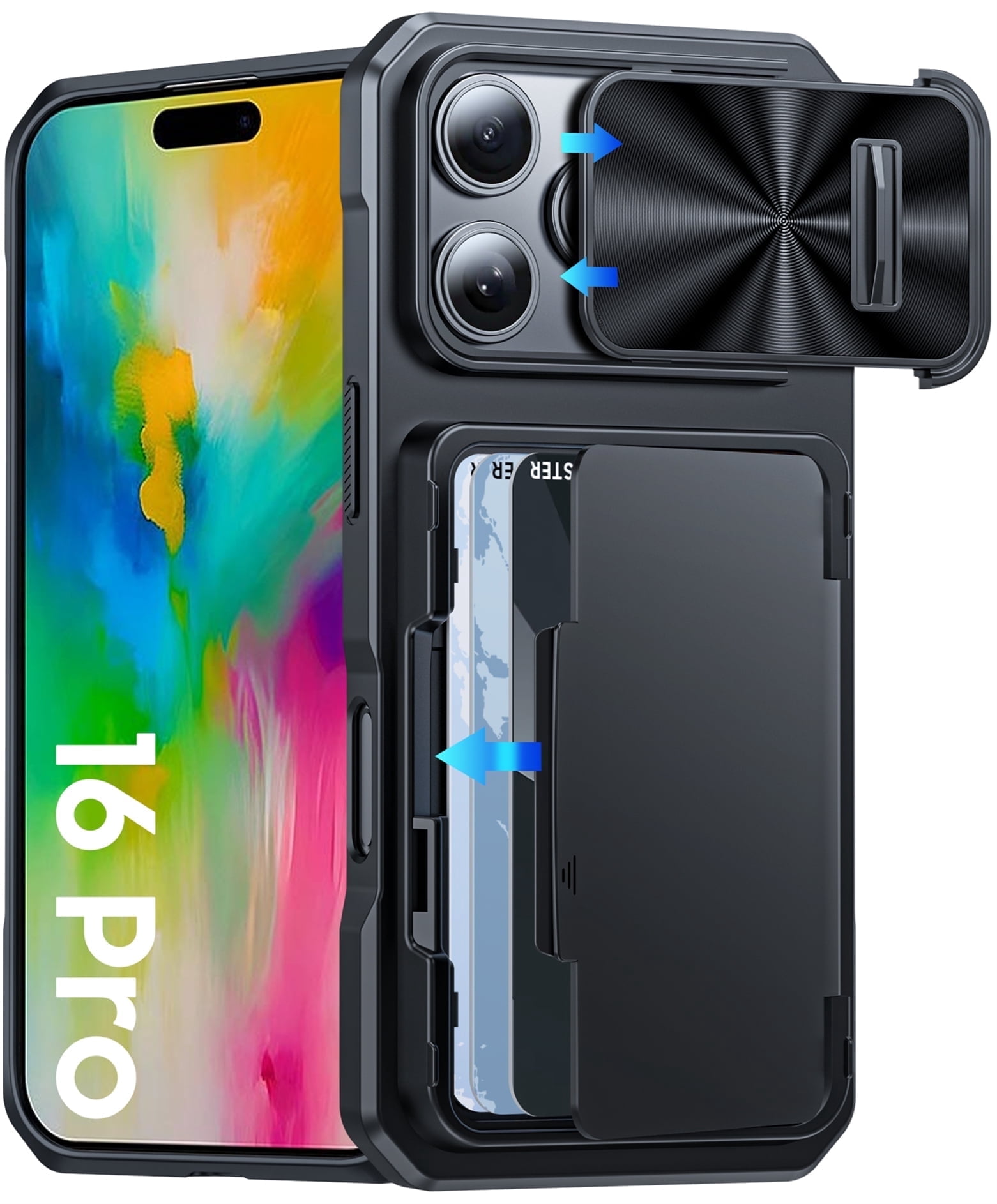 oupeigar iPhone 16 Pro Case, Rugged Hard Back, 4 Card Wallet, Slide ...