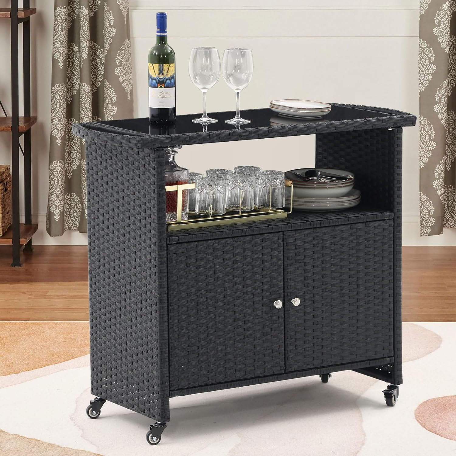 outdoor kitchen wicker island rolling cart with storage cabinet outside ...