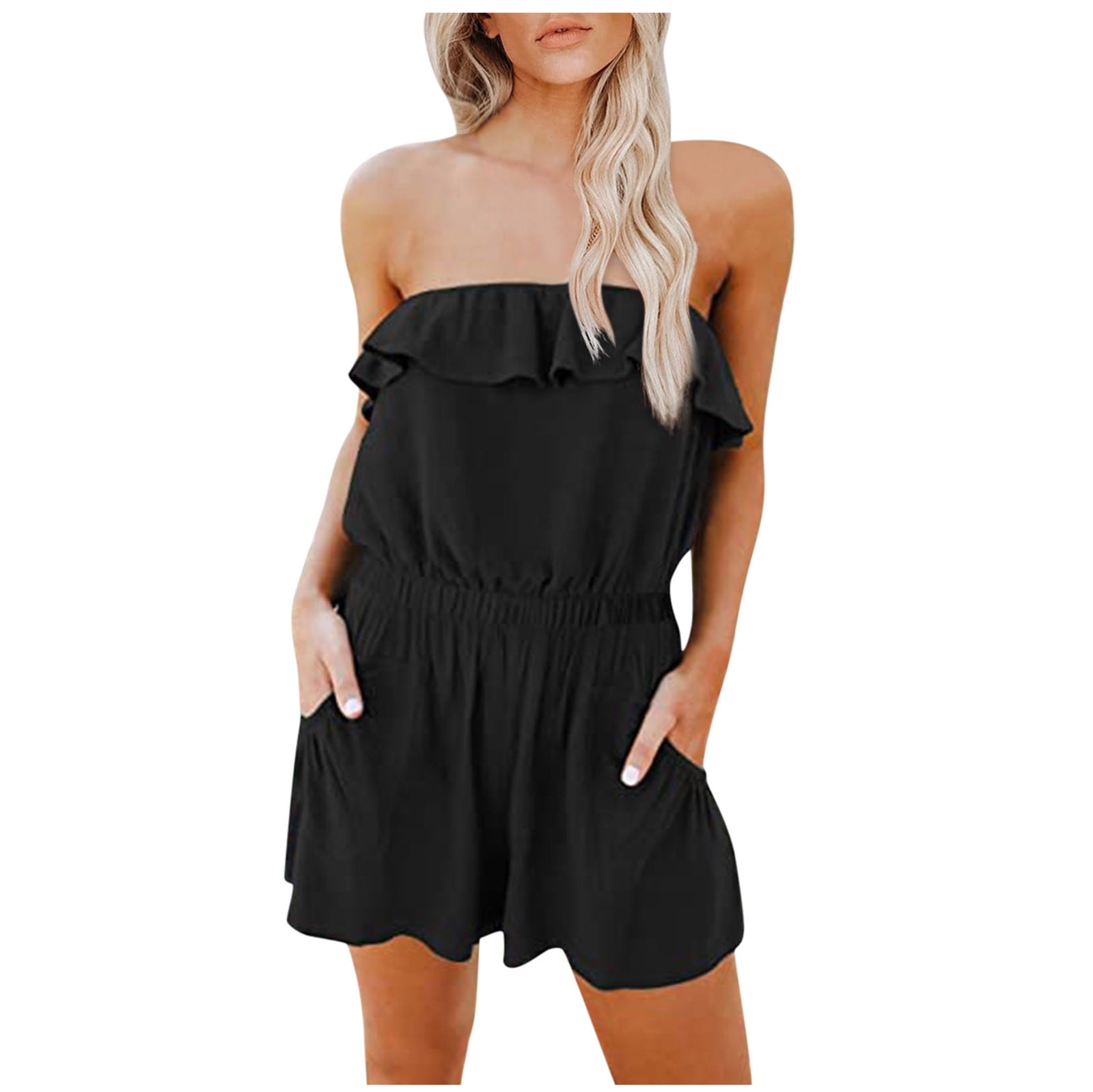 outfmvch jumpsuits for women strapless off shoulder ruffle summer ...