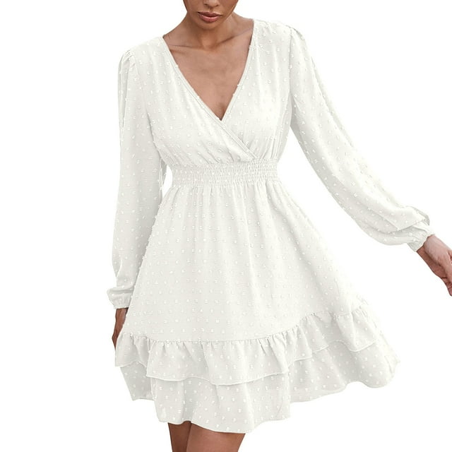 outfmvch white dress short sleeve v neck mini dress chiffon dot flowy ...