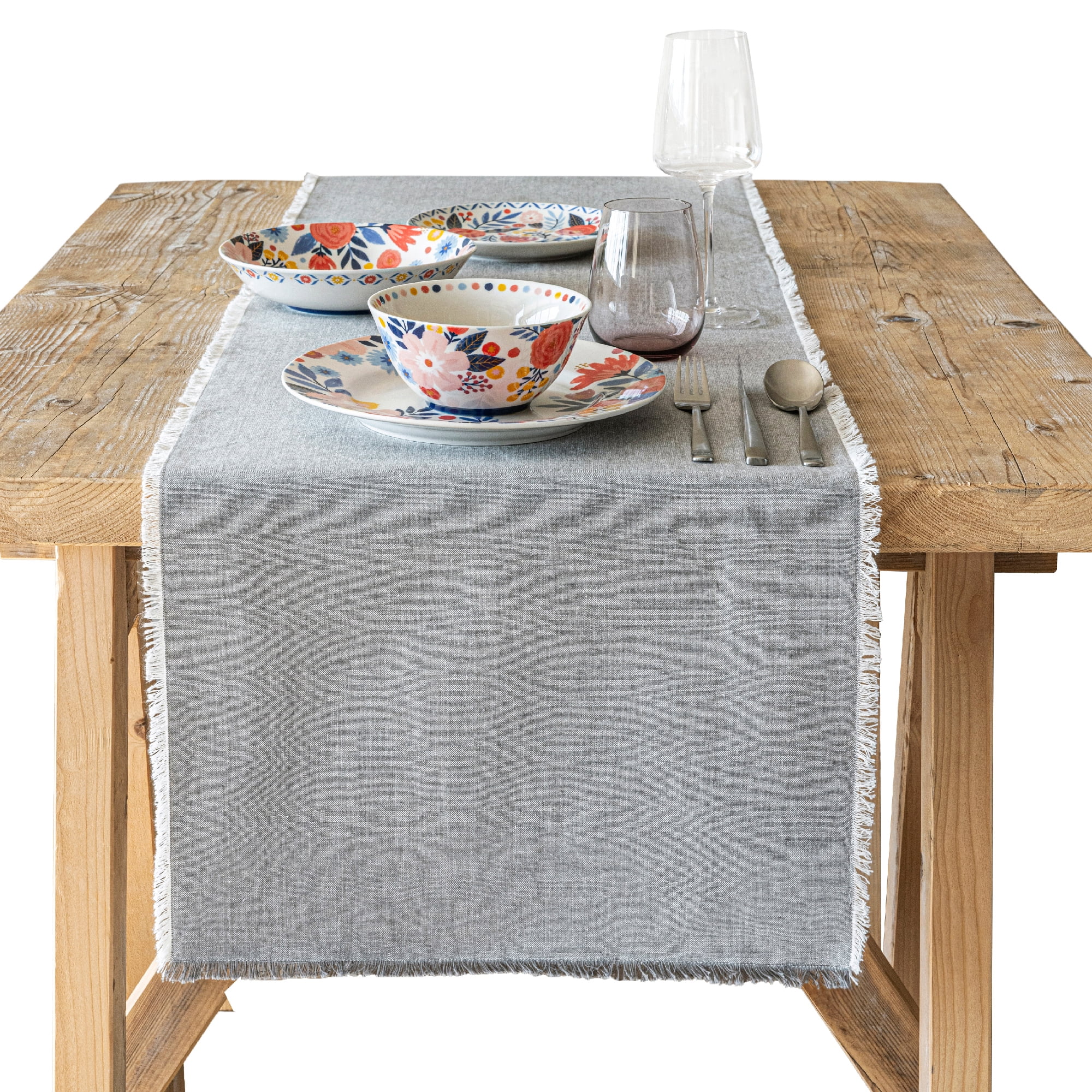 over&back 18x108 Woven Frayed Chambray Cotton Table Runner - Washable ...