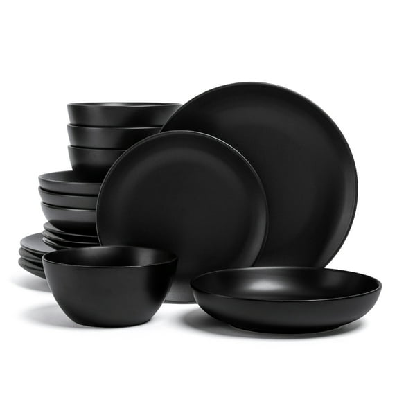 over&back Coupe Round Dinnerware Set - 16 Pieces, Semi-Matte Black ...