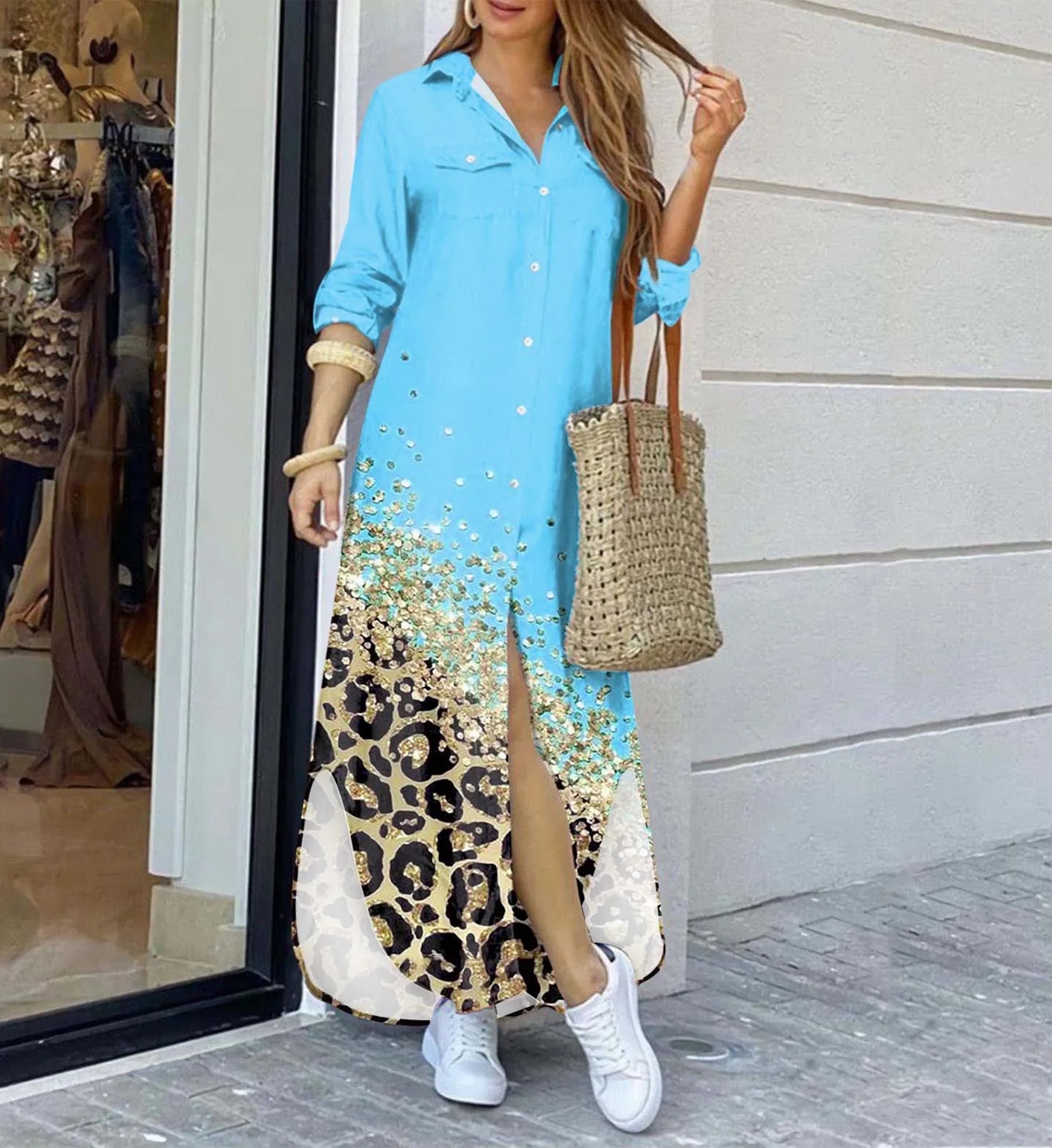 oyyniis 2024 New Women Loose Long Dress Fashion Single Breasted Button ...