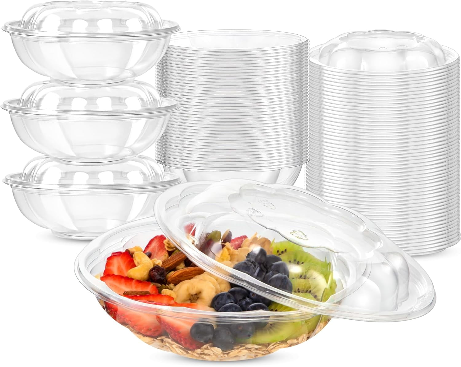 p 150 Pack 24 oz Disposable Plastic Clear Salad Bowls with Airtight ...