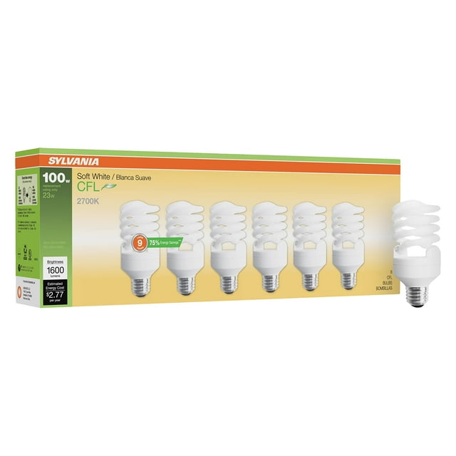 (pack of 6) Sylvania CFL 2700K 100W Replacement, 23 watt, 1600 lumens ...